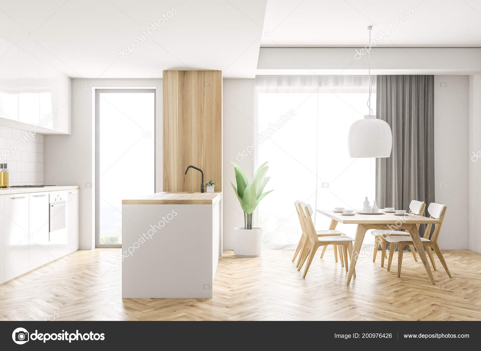 Side View White Wooden Kitchen Interior White Cabinets Wooden Floor ...