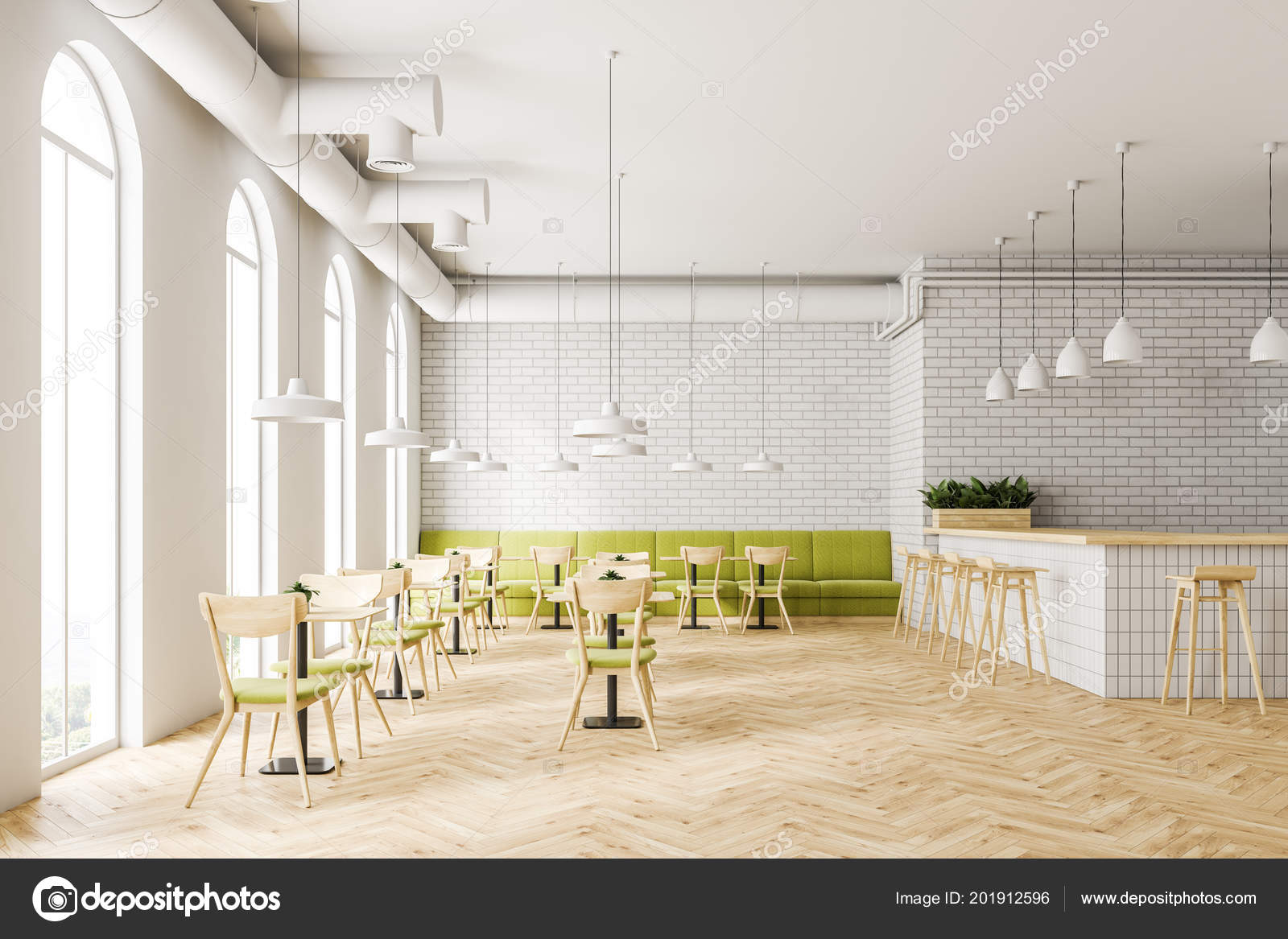 Industrial Style Cafe Interior White Brick Walls Wooden Floor Arched ⬇ ...