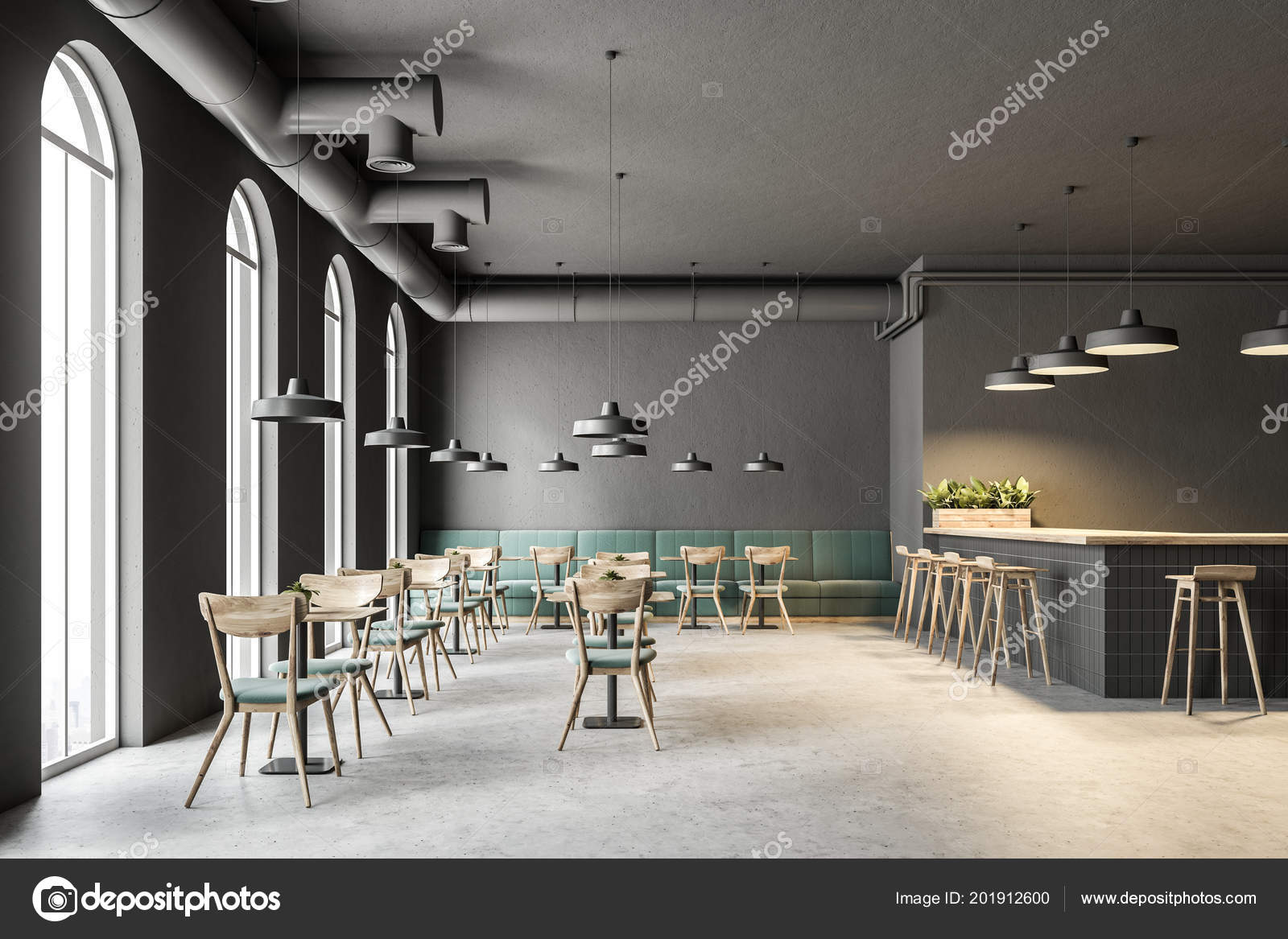 Industrial Style Cafe Interior Dark Gray Walls Concrete Floor Arched ⬇ ...