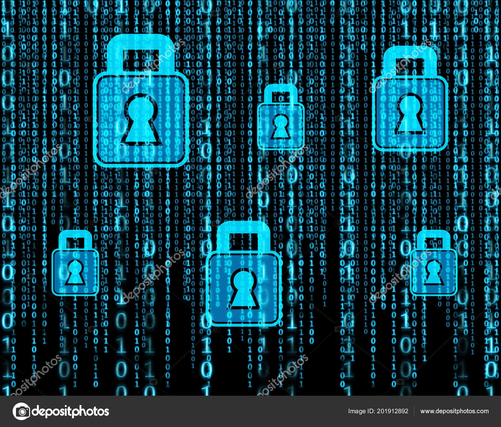 Vertical Rows Glowing Blue Binary Digits Falling Black Background ...