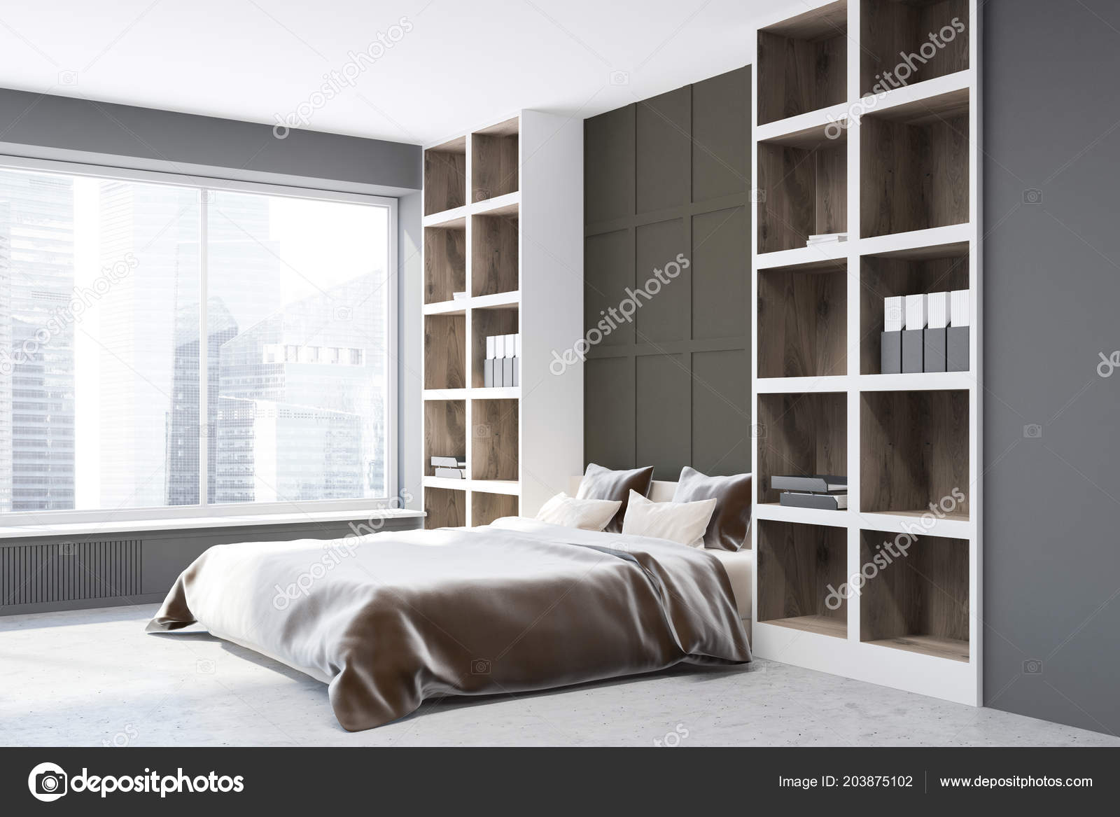 Master Bedroom Interior Gray Walls Gray Master Bed Two Tall Stock Photo ...