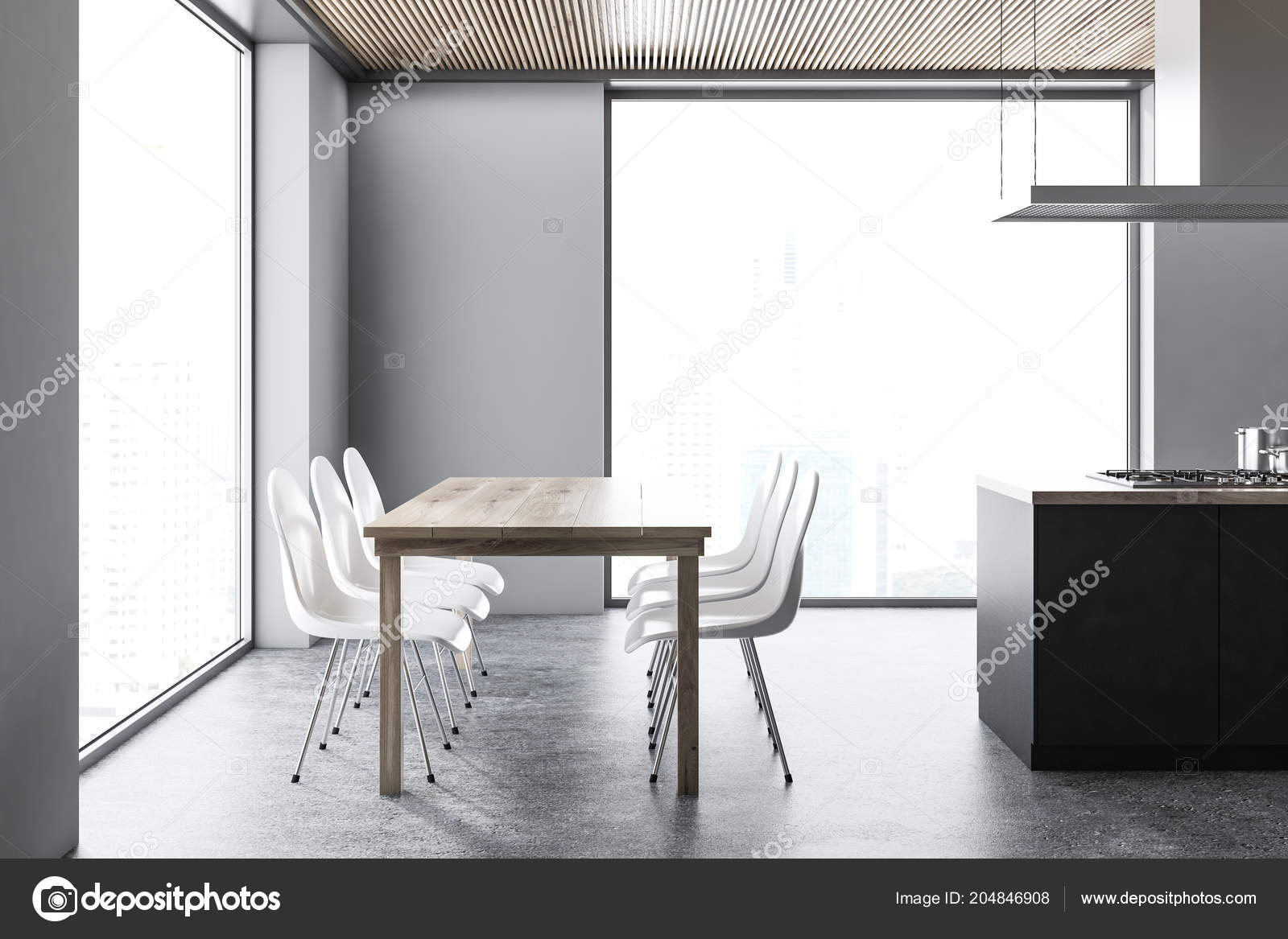 Side View Panoramic Dining Room Interior Gray Walls Concrete Floor ...