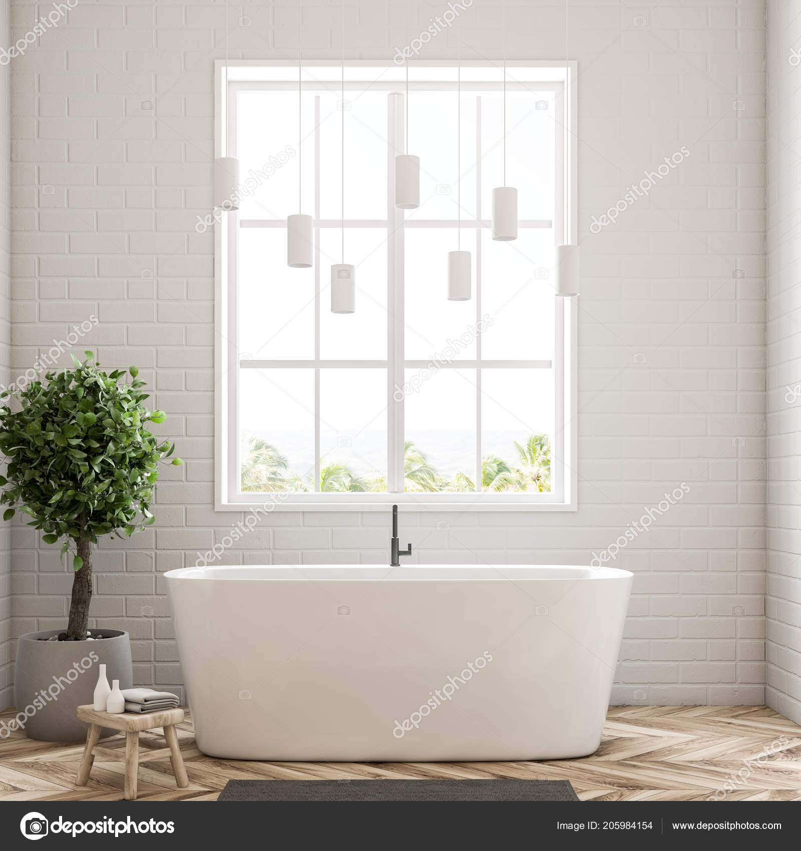 Front View Modern Bathroom Interior White Walls Wooden Floor Bathtub ...
