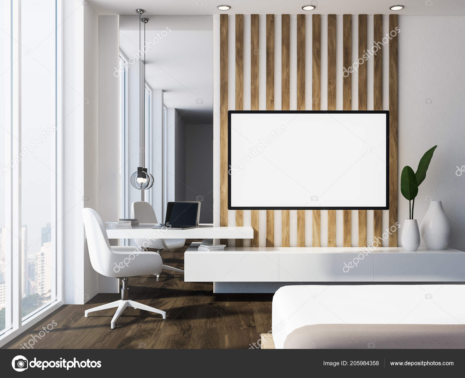 Side View Bedroom Home Office Interior White Walls Wooden Floor — Stock ...