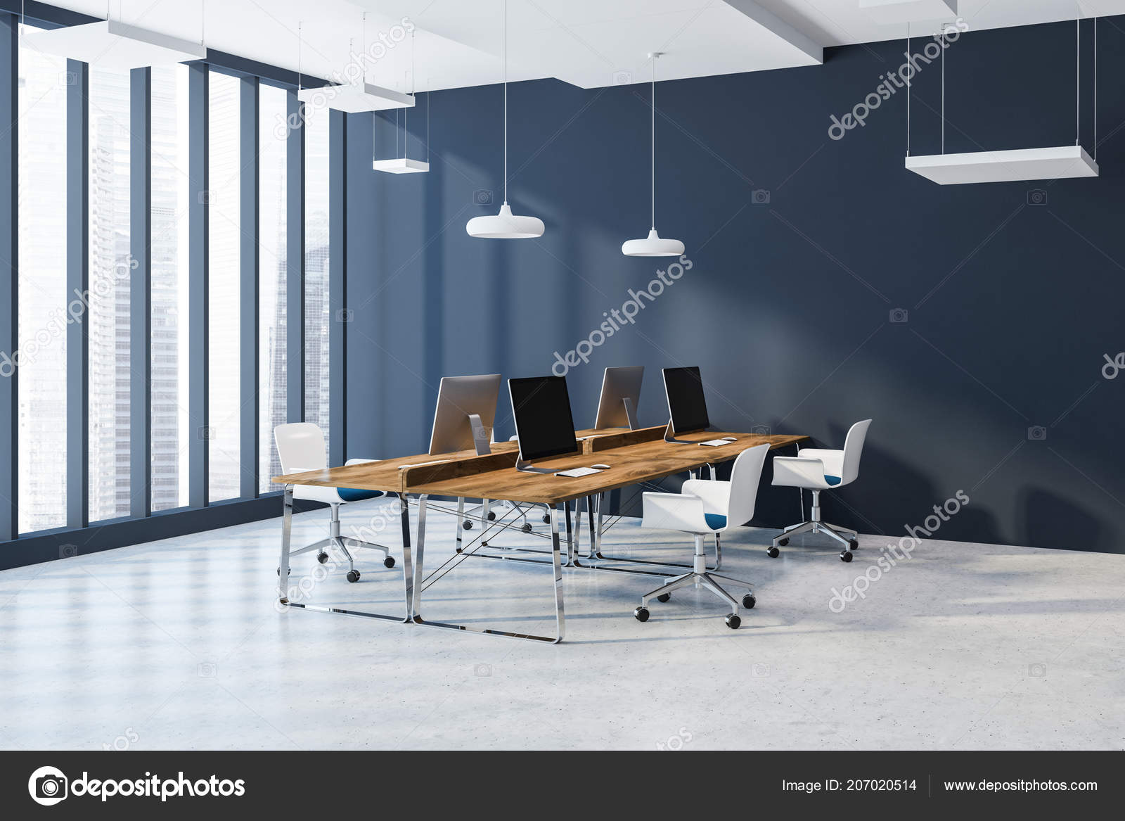 Side View Open Space Office Interior Dark Blue Walls Concrete — Stock ...