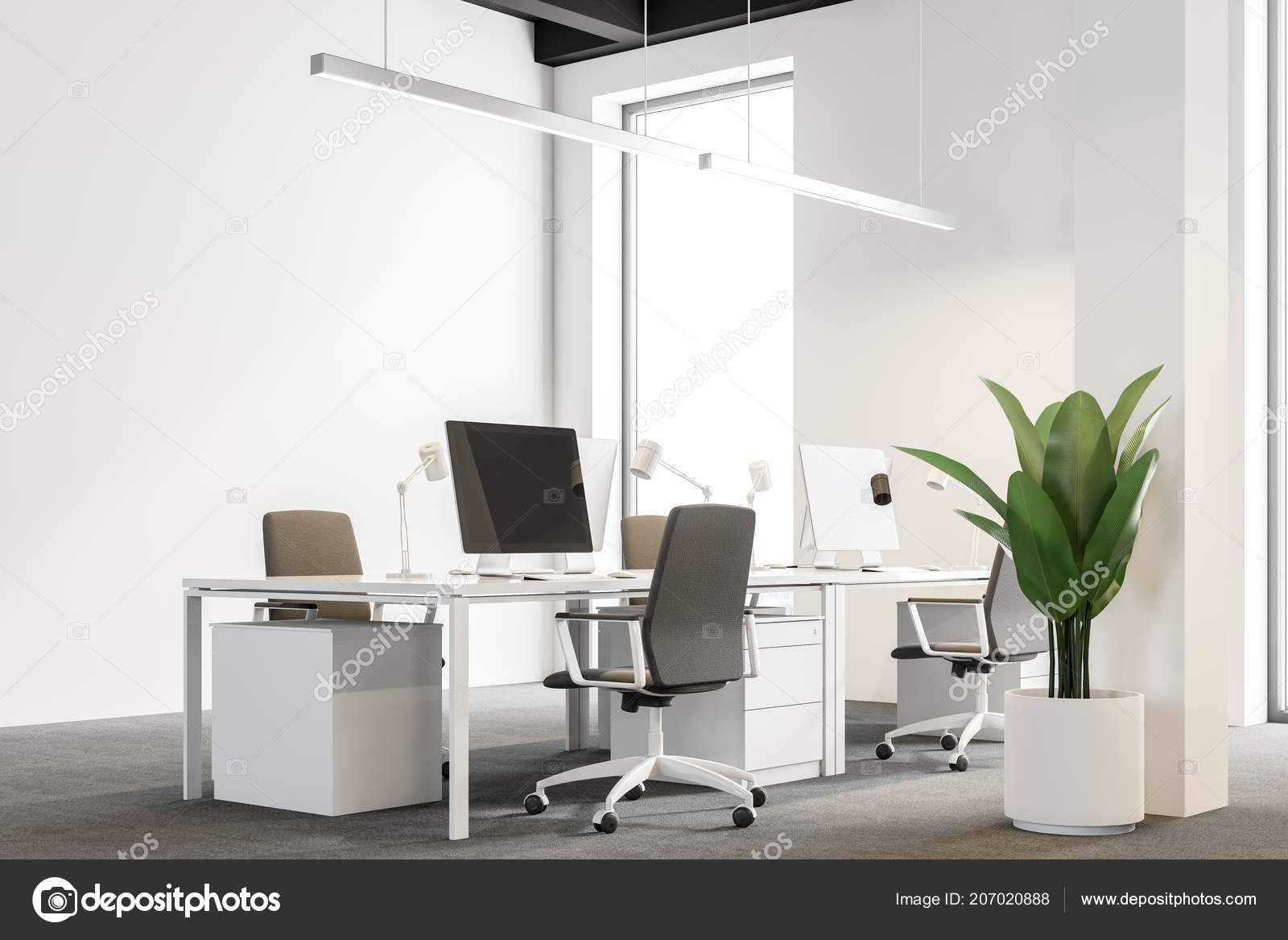 Meja Komputer Putih Dengan Monitor Layar Kosong Berdiri Atasnya ...