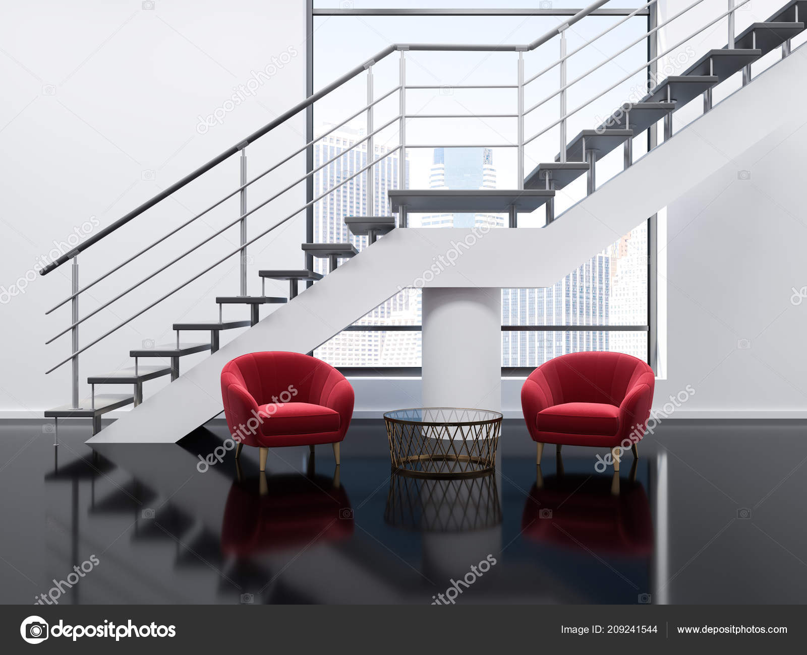 Panoramic Modern Office Waiting Area White Walls Glass Black Floor ...