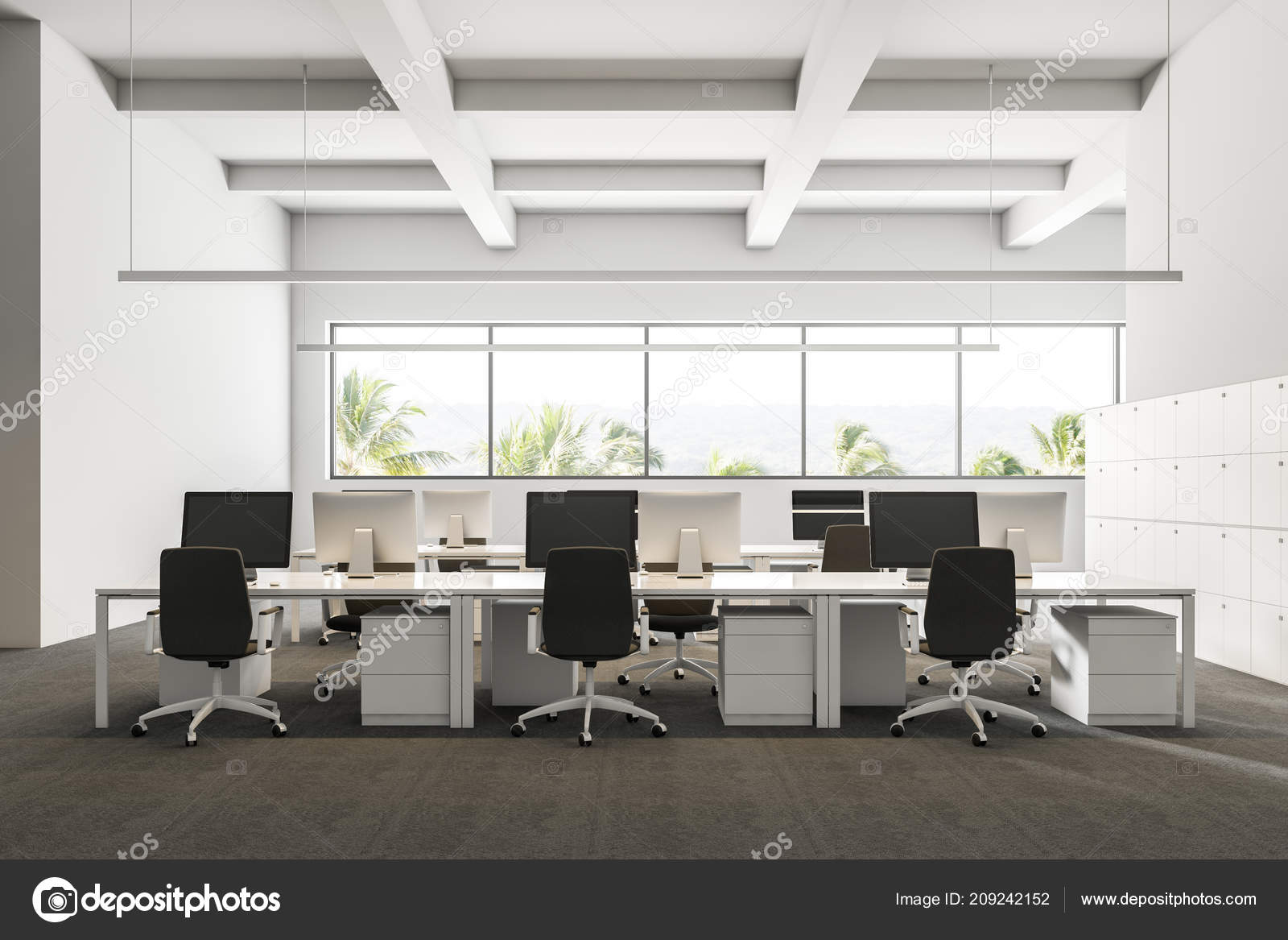 Company Office Interior Gray Carpet Rows White Computer Desks ...