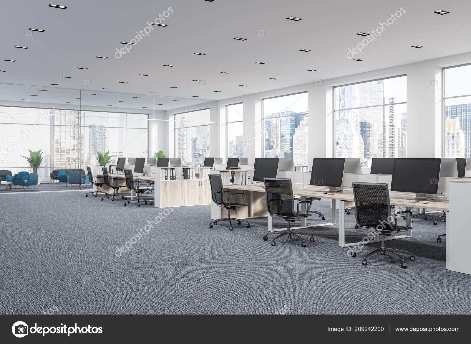 Company Office Corner Gray Carpet Rows White Computer Desks Industrial ...