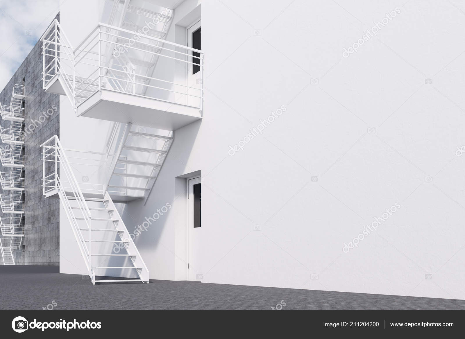 Side View Modern Building Exterior White Walls Doors Emergency Exit ...