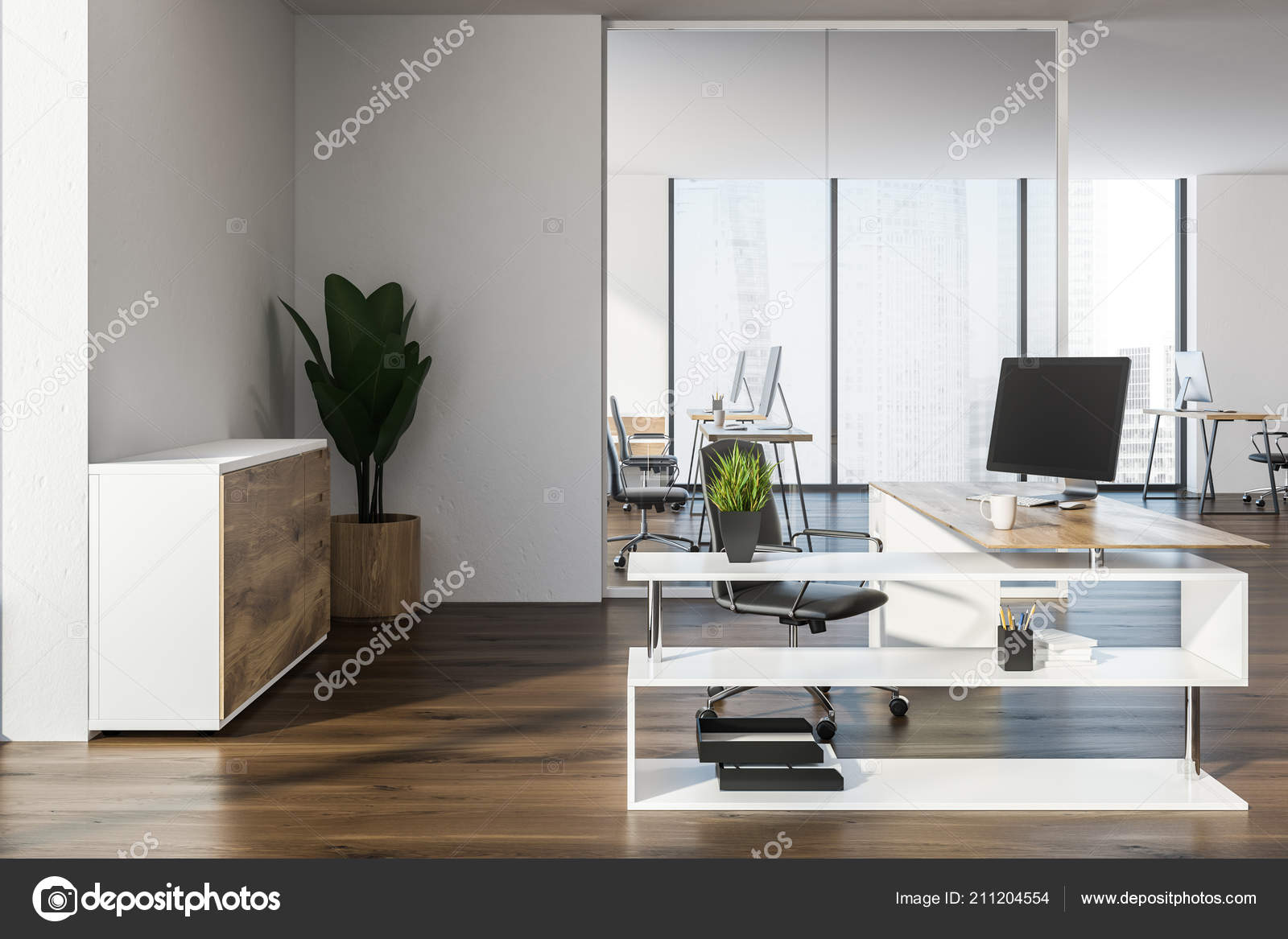 Modern Manager Office Interior Wooden Floor White Walls Stylish ...
