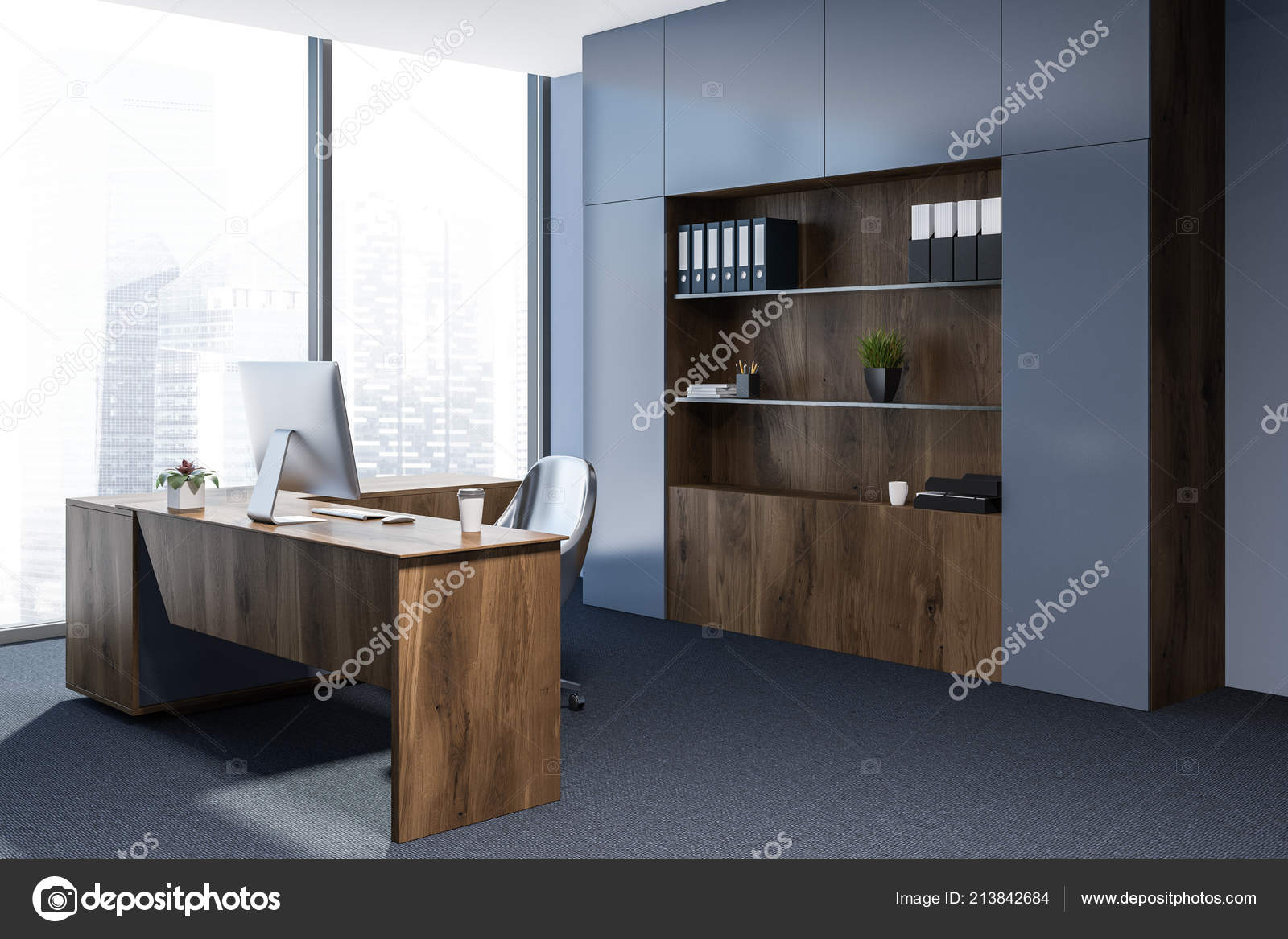 Corner Modern Manager Office Interior Carpet Floor Blue Walls Stylish ...