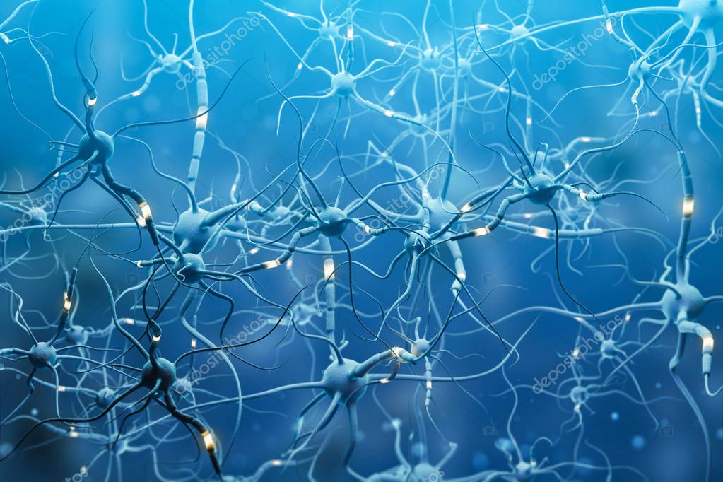 Neuronas azules con segmentos brillantes sobre fondo azul. Interfaz ...