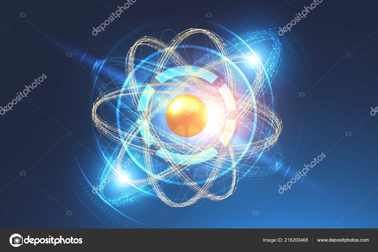Glowing Gold Blue Atom Model Hud Dark Blue Background Concept — Stock ...