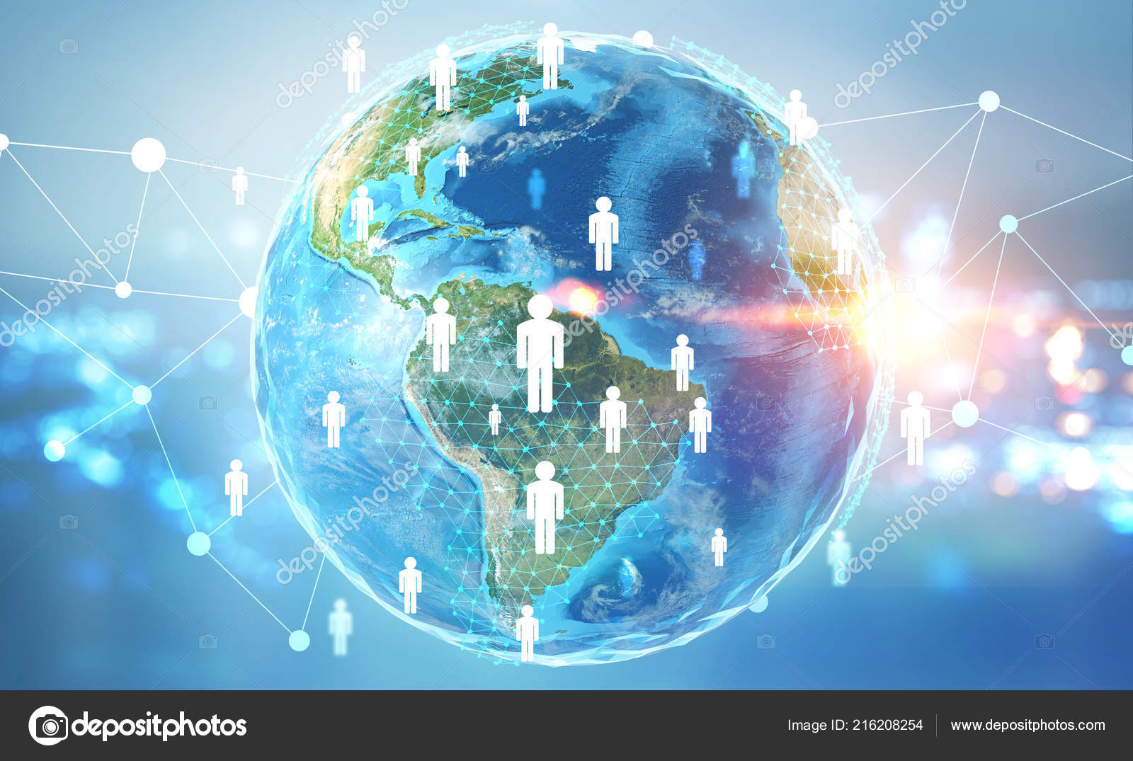 Earth Polygons White People Network Icons Blurred Night Cityscape Toned ...