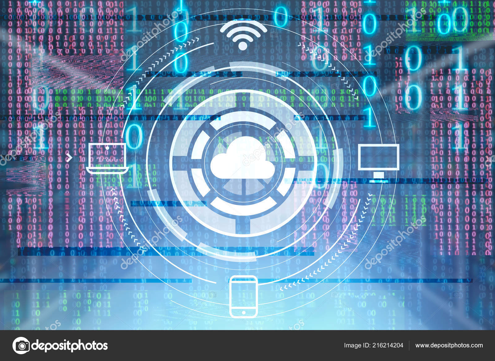 Cloud Computing Interface Icons Hud Blue Red Green Binary Numbers Stock ...