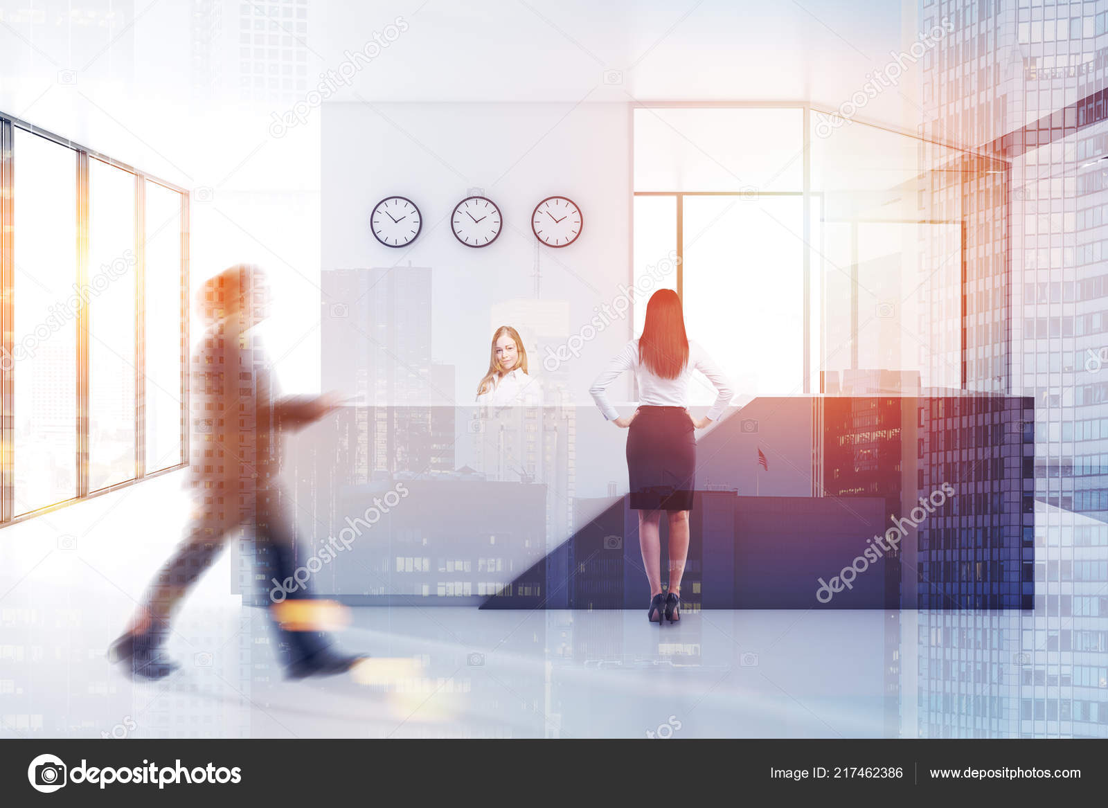 People Walking White Office Hall Long Reception Desk Clocks Glass ...