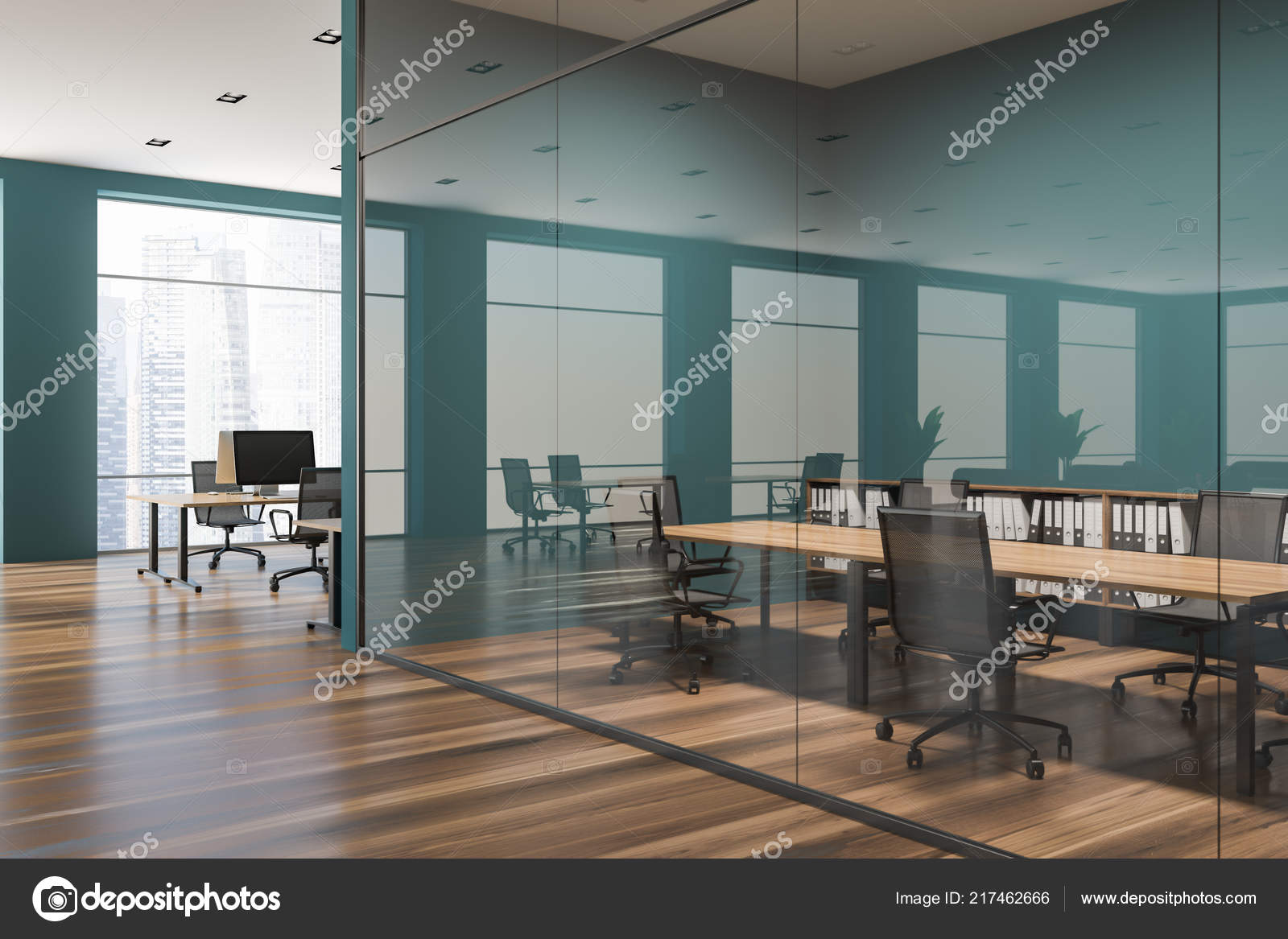 Stylish Conference Room Interior Green Glass Walls Wooden Table Metal ...