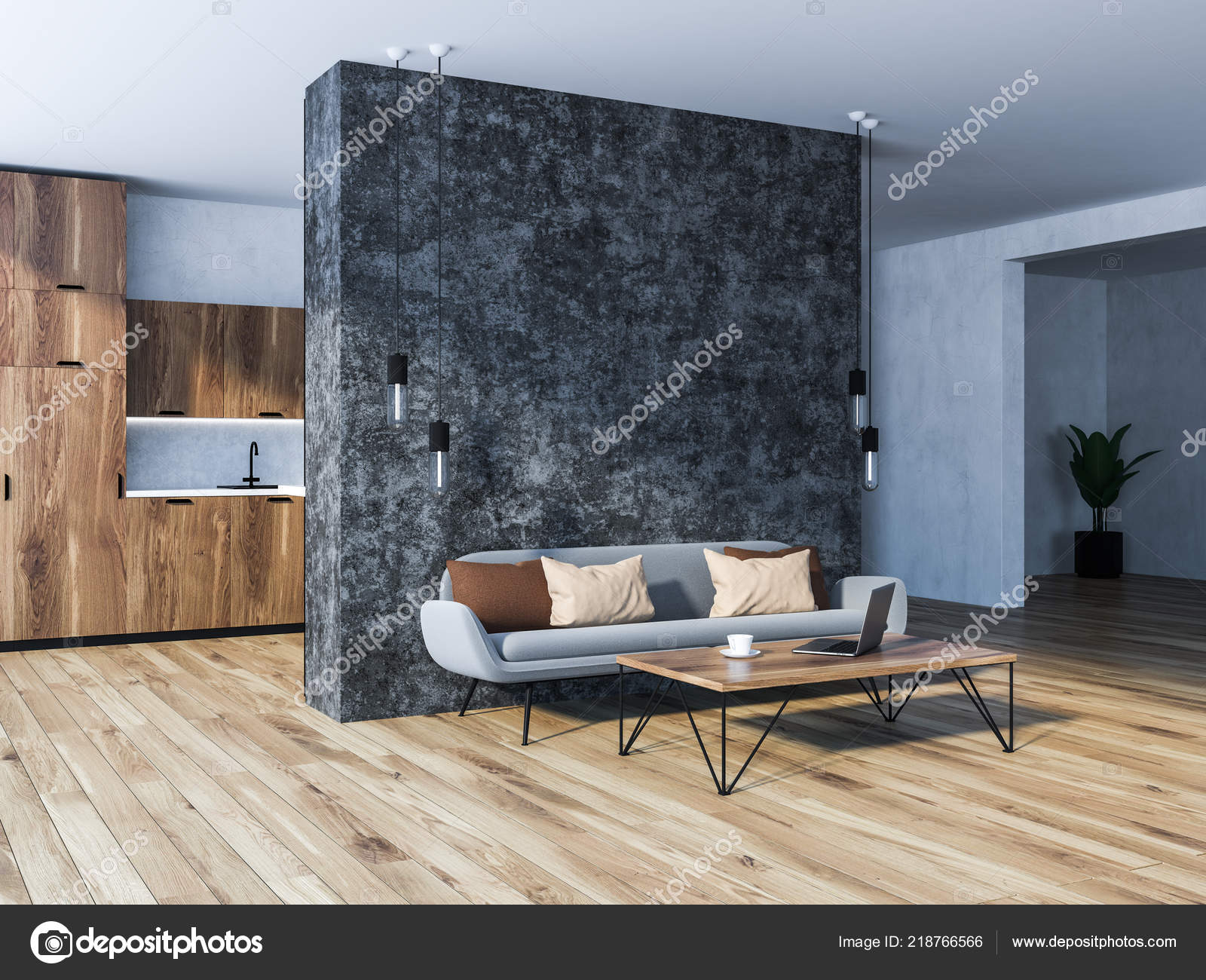 Side View Luxury Living Room Interior Panoramic Windows Concrete Wall ...