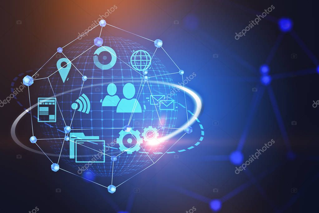 Iconos de internet azul y wifi dentro del holograma de red sobre azul ...