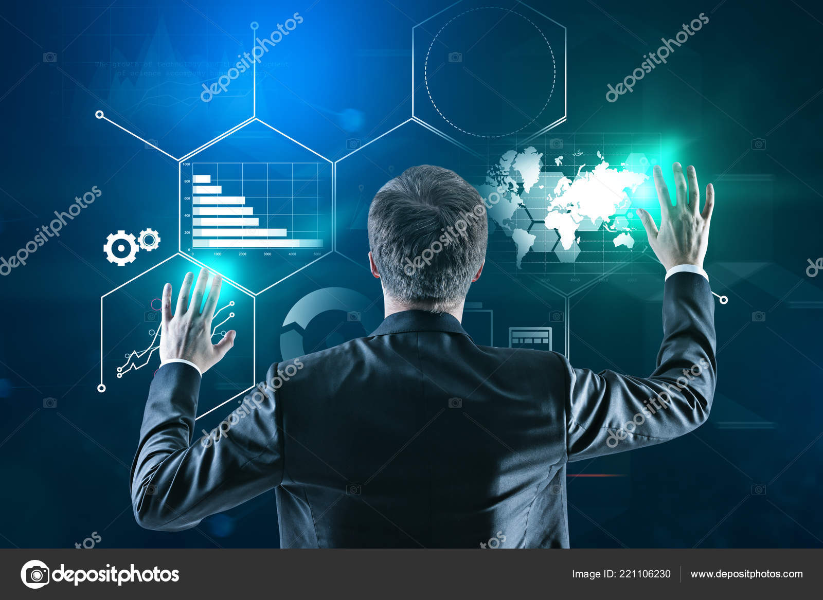 Rear View Businessman Using Interactive Infographics Interface Dark ...