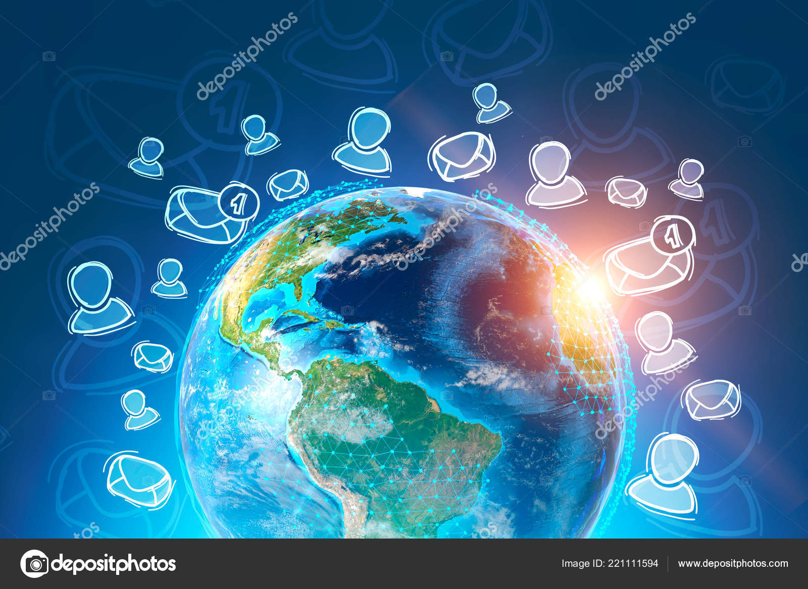 Email Icons Earth Dark Blue Background Rendering Toned Image Double ...