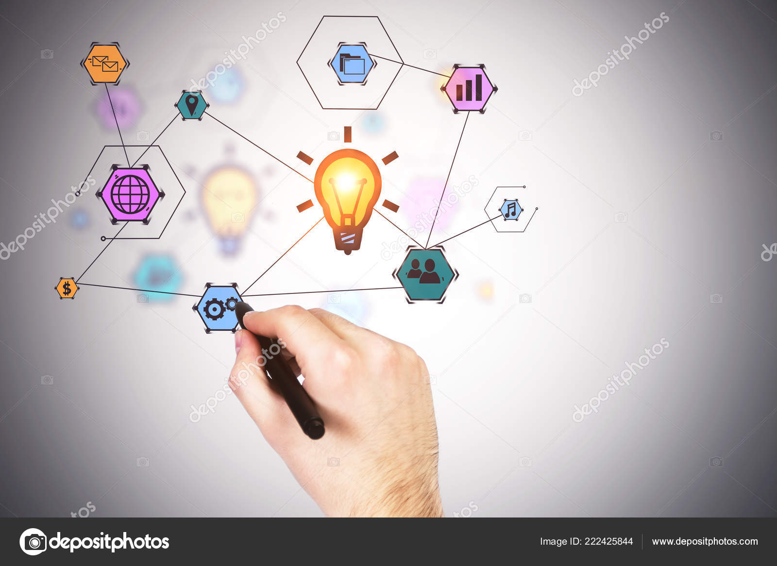 Man Hand Marker Drawing Colorful Internet Things Icons Light Bulb Stock ...