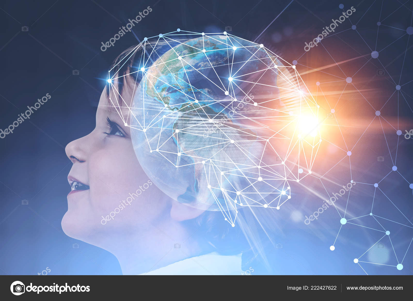 Side View Adorable Little Boy Head Double Exposure Earth Global — Stock ...