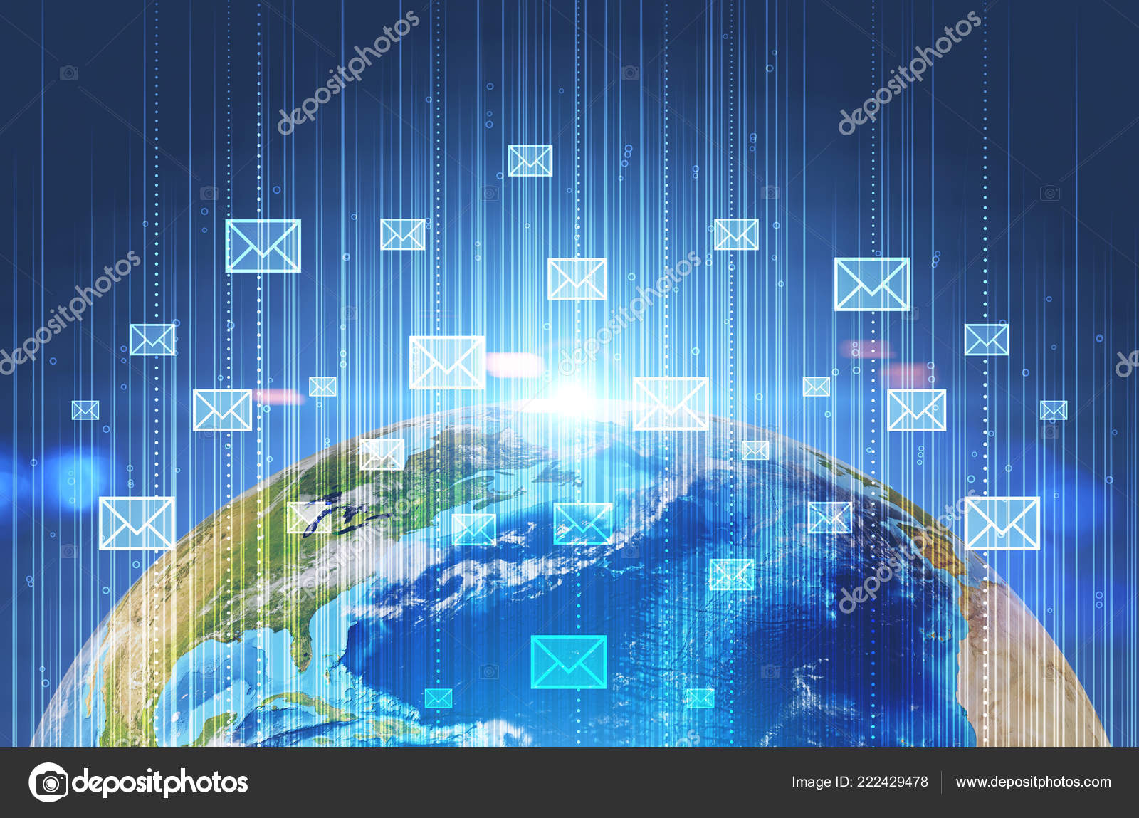 Glowing Email Icons Earth Surface Dark Blue Background Lines Bubbles ...