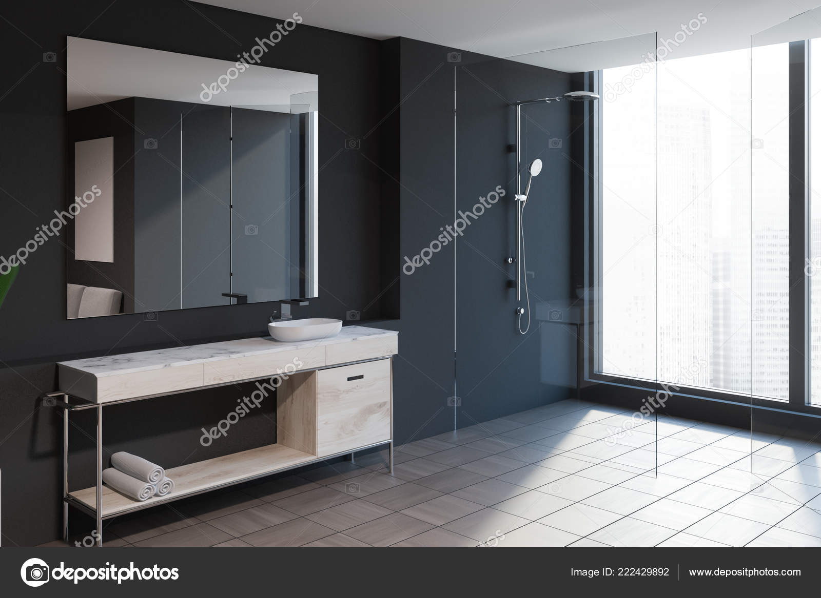 Side View Modern Bathroom Interior Gray Walls Tiled Floor White — Stock ...