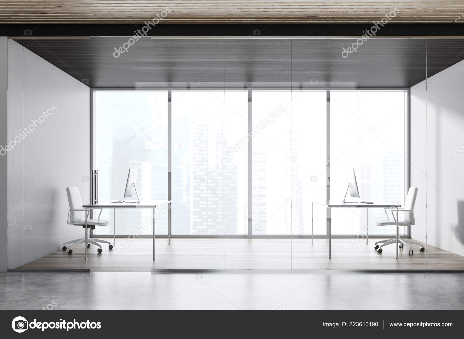 Manager Office Interior Panoramic Windows Wooden Floor Glass Doors Two ...