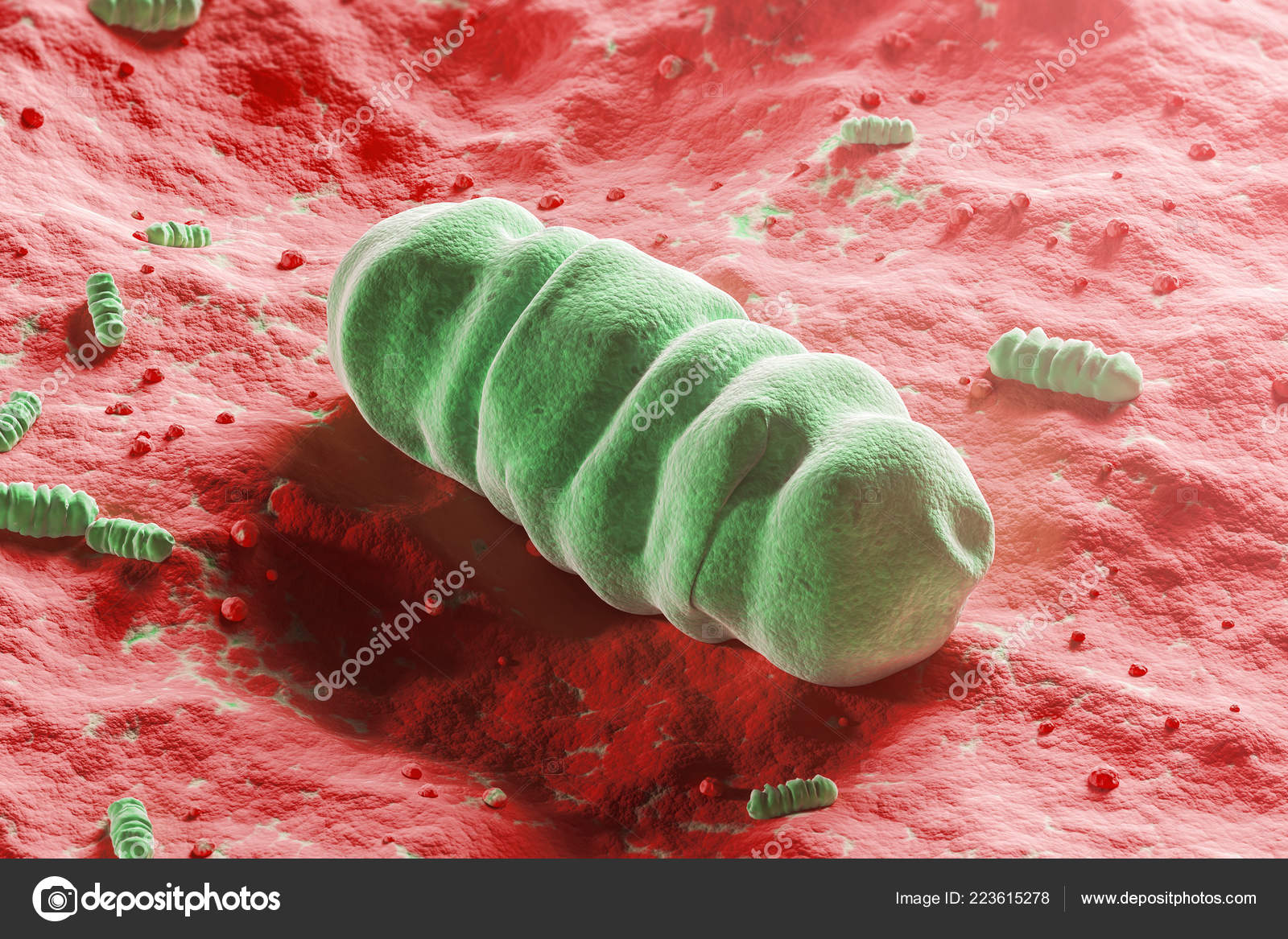 One Big Green Microbe Red Background Concept Contamination Sickness ...