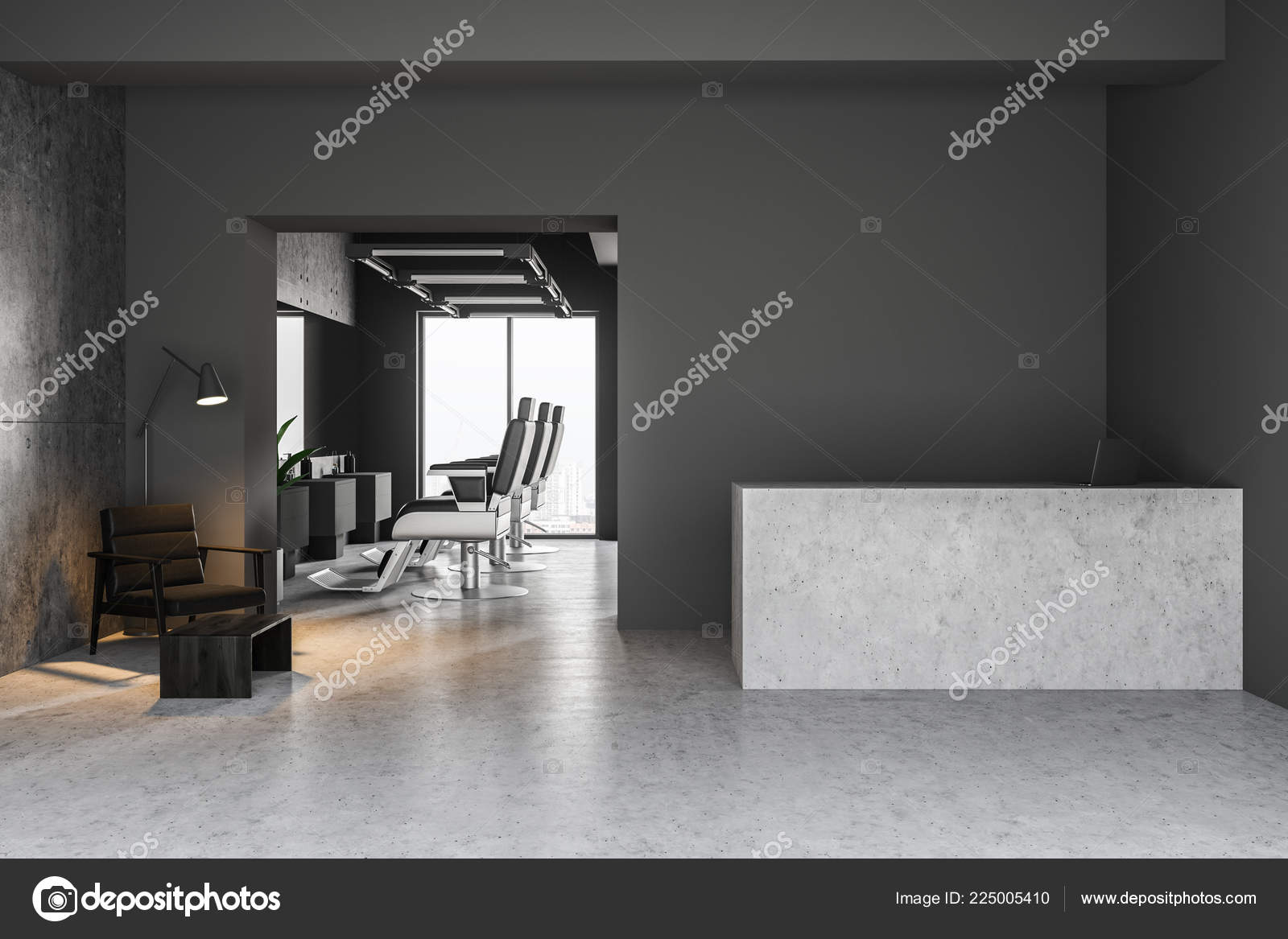 Side View Barber Shop Interior Gray Walls Concrete Floor Row Stock ...