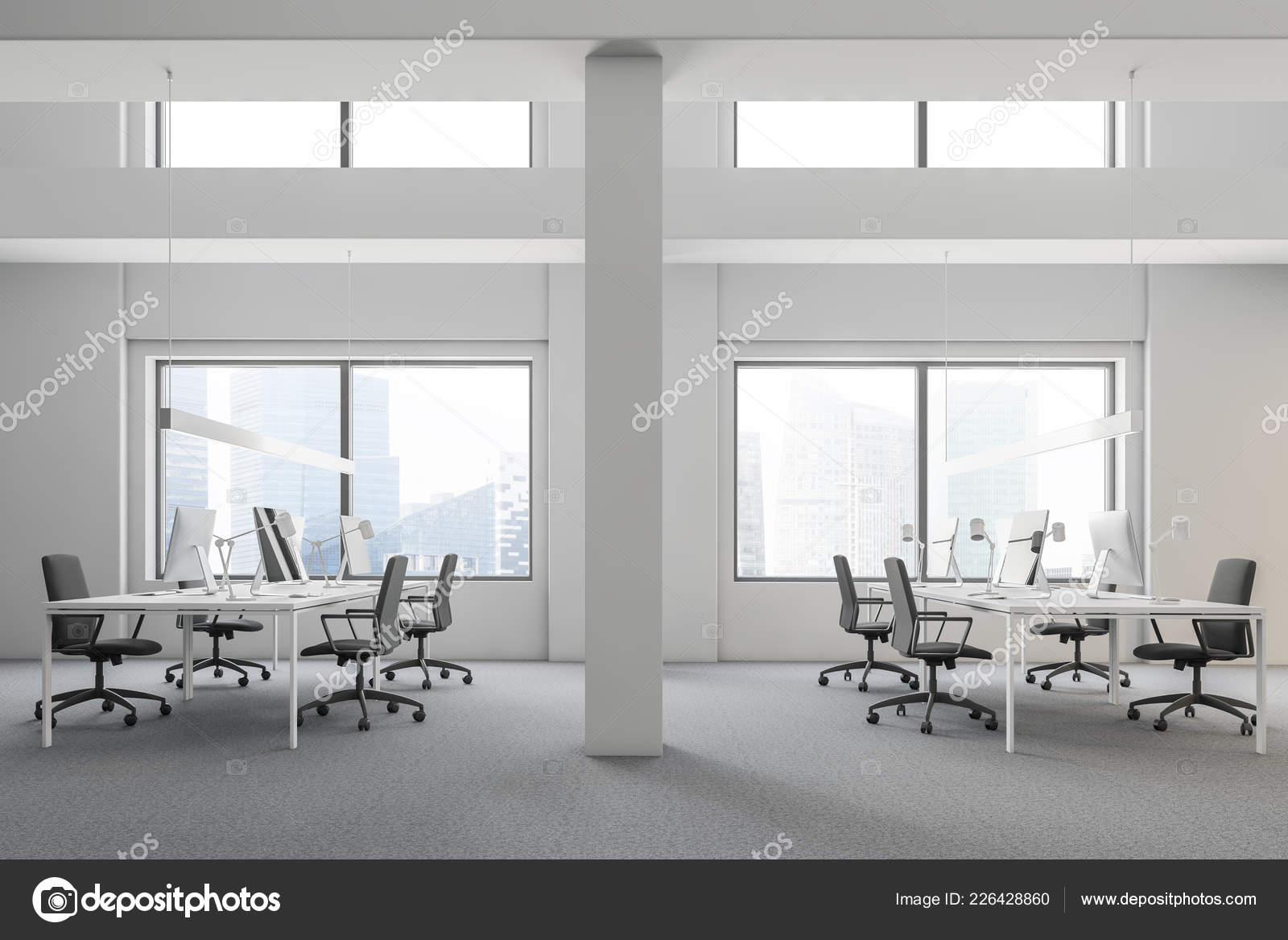 Side View Industrial Style Office White Walls Carpet Floor Rows — Stock ...