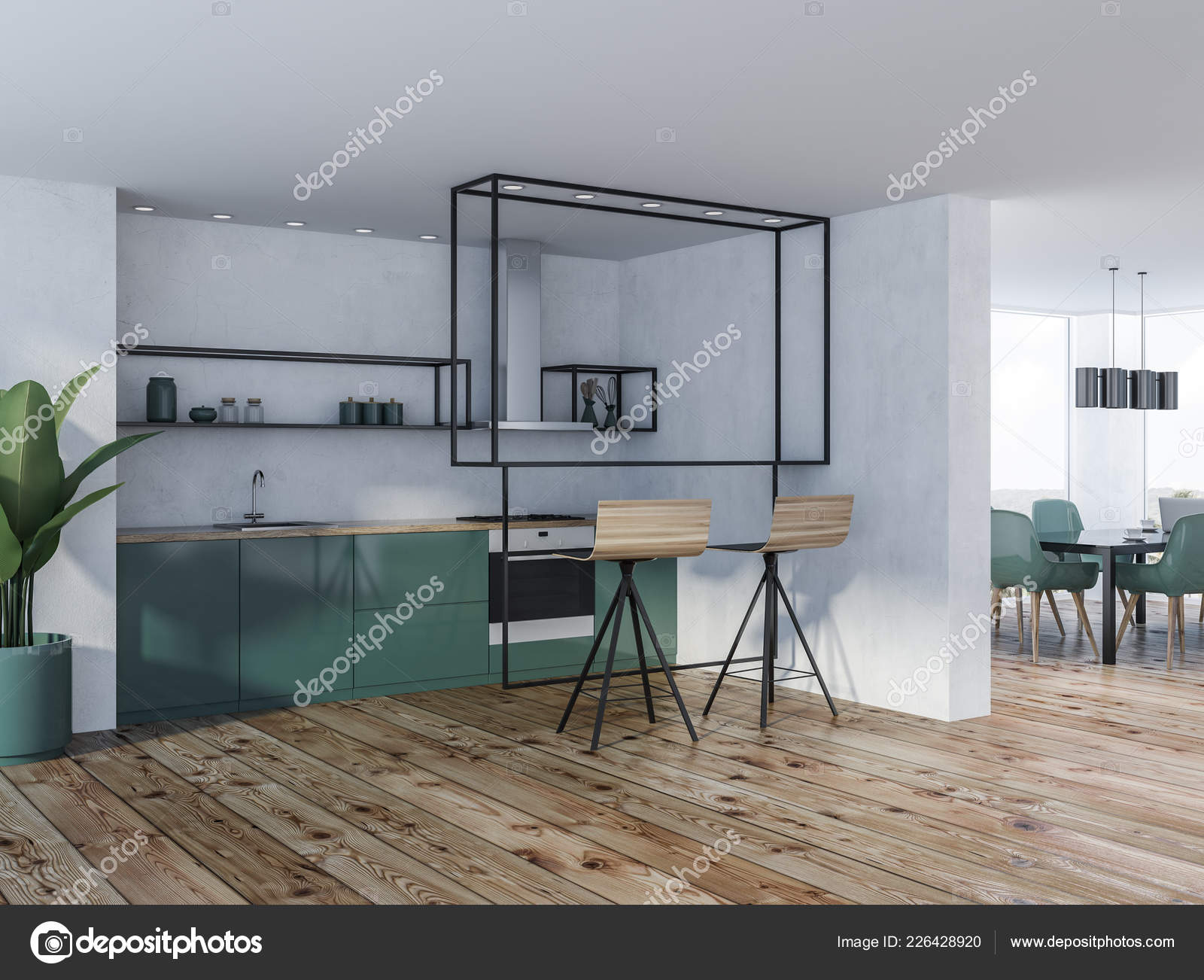 Zijaanzicht Van Moderne Keuken Eetkamer Interieur Met Witte Muren Houten ⬇ Stockfoto ...
