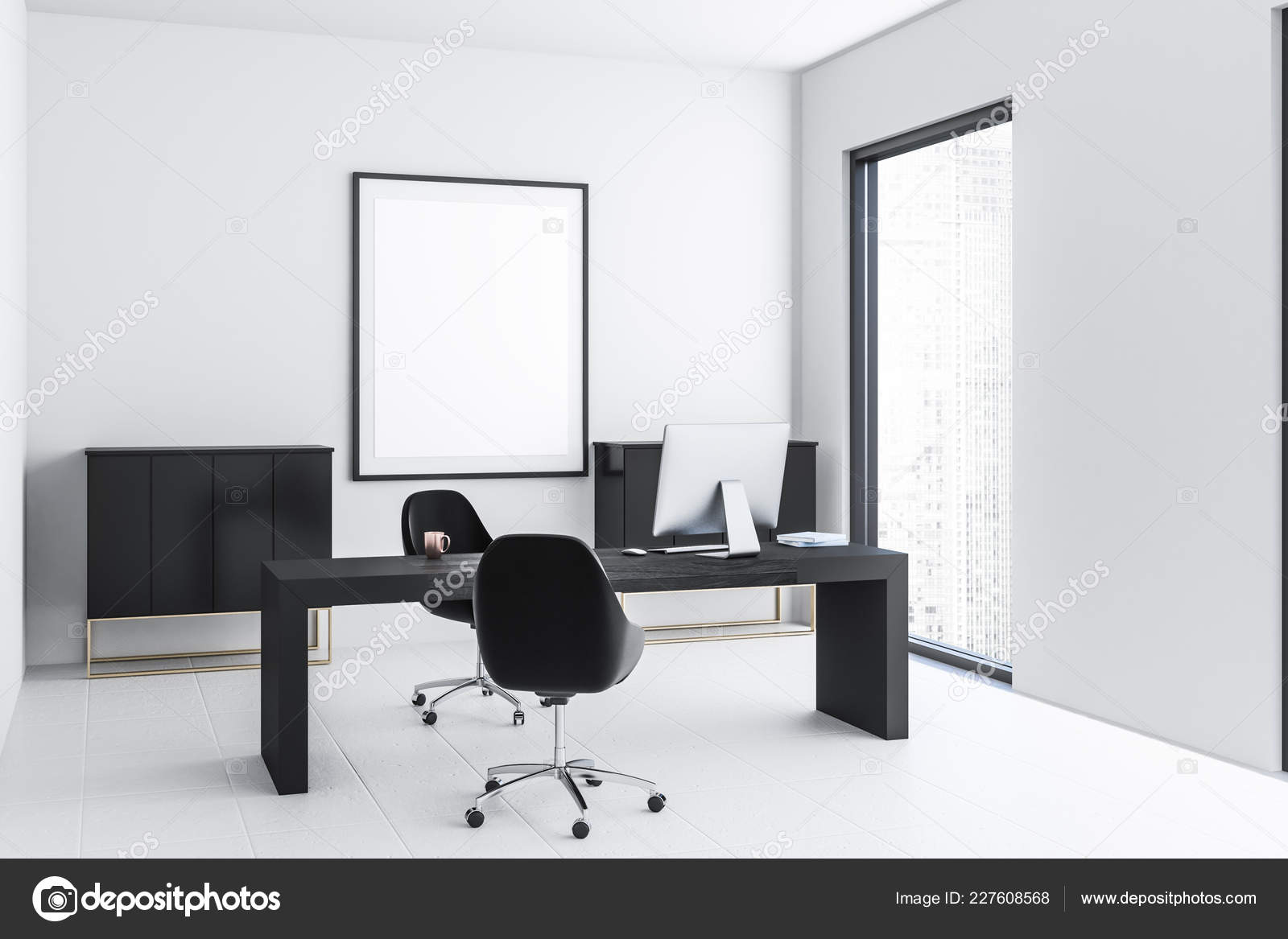Corner Manager Office White Walls Tiled Floor Black Massive Computer ...