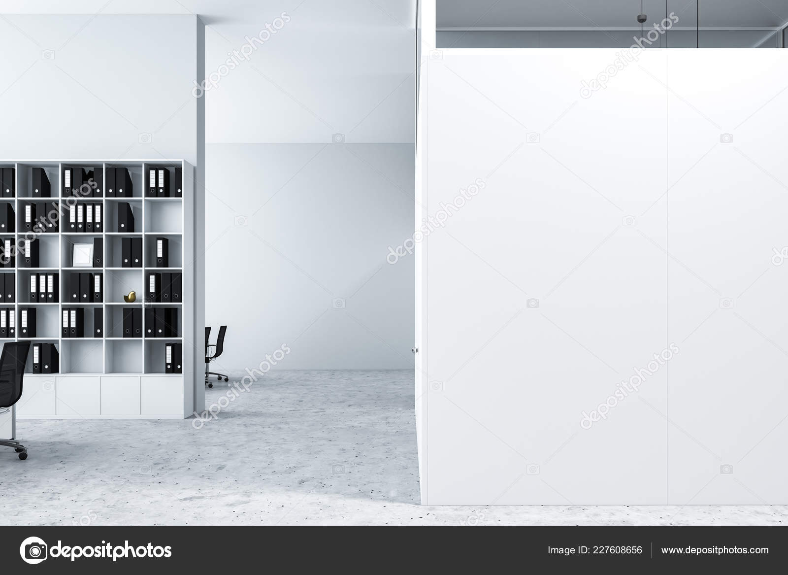 Interior Modern Office White Walls Concrete Floor White Bookcase ...