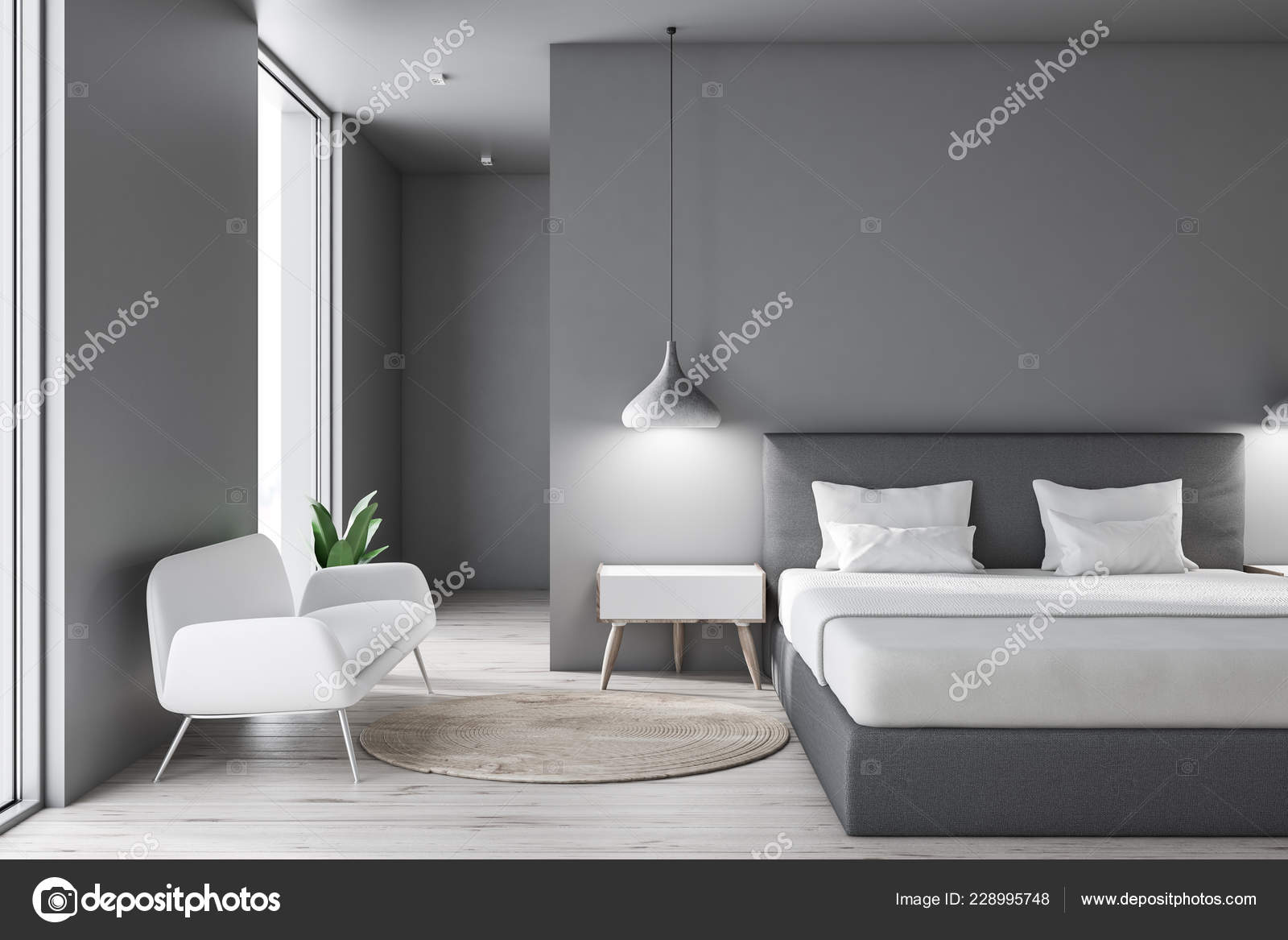 Master Bedroom Interior Gray Walls Wooden Floor Gray Master Bed — Stock ...