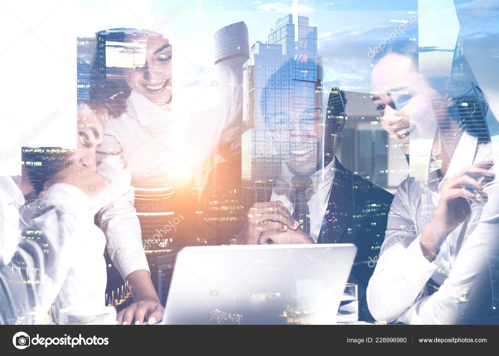 Four Business People Working Together Looking Laptop Moscow City ...