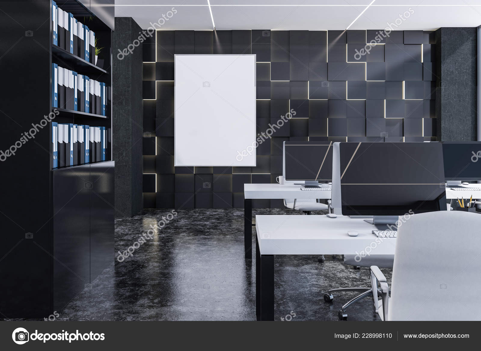 Interior Modern Office Black Walls Concrete Floor Rows White Computer ... Interior Modern Office Black Walls Concrete Floor Rows White Computer ...