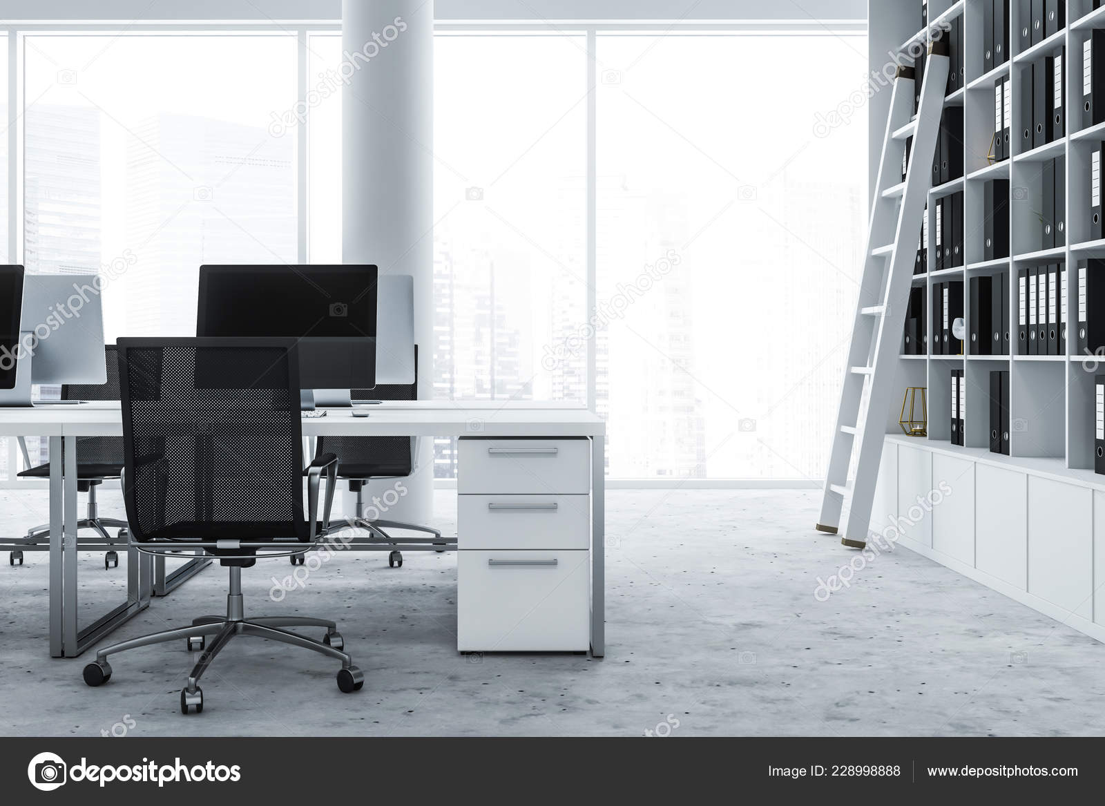 Front View White Office Workplace Panoramic Window White Computer ...