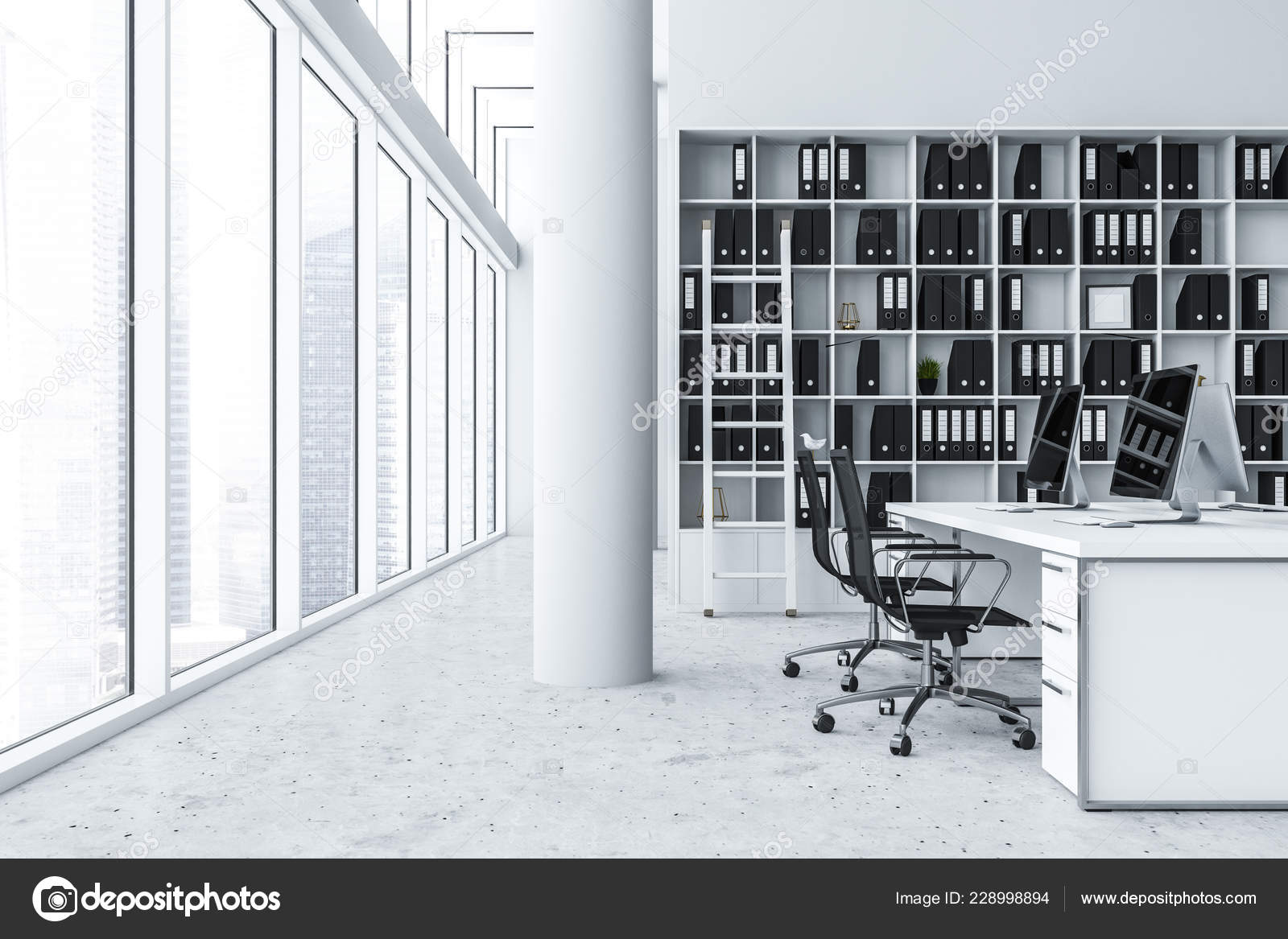 Interior Company Office White Walls Column White Computer Table Black ...