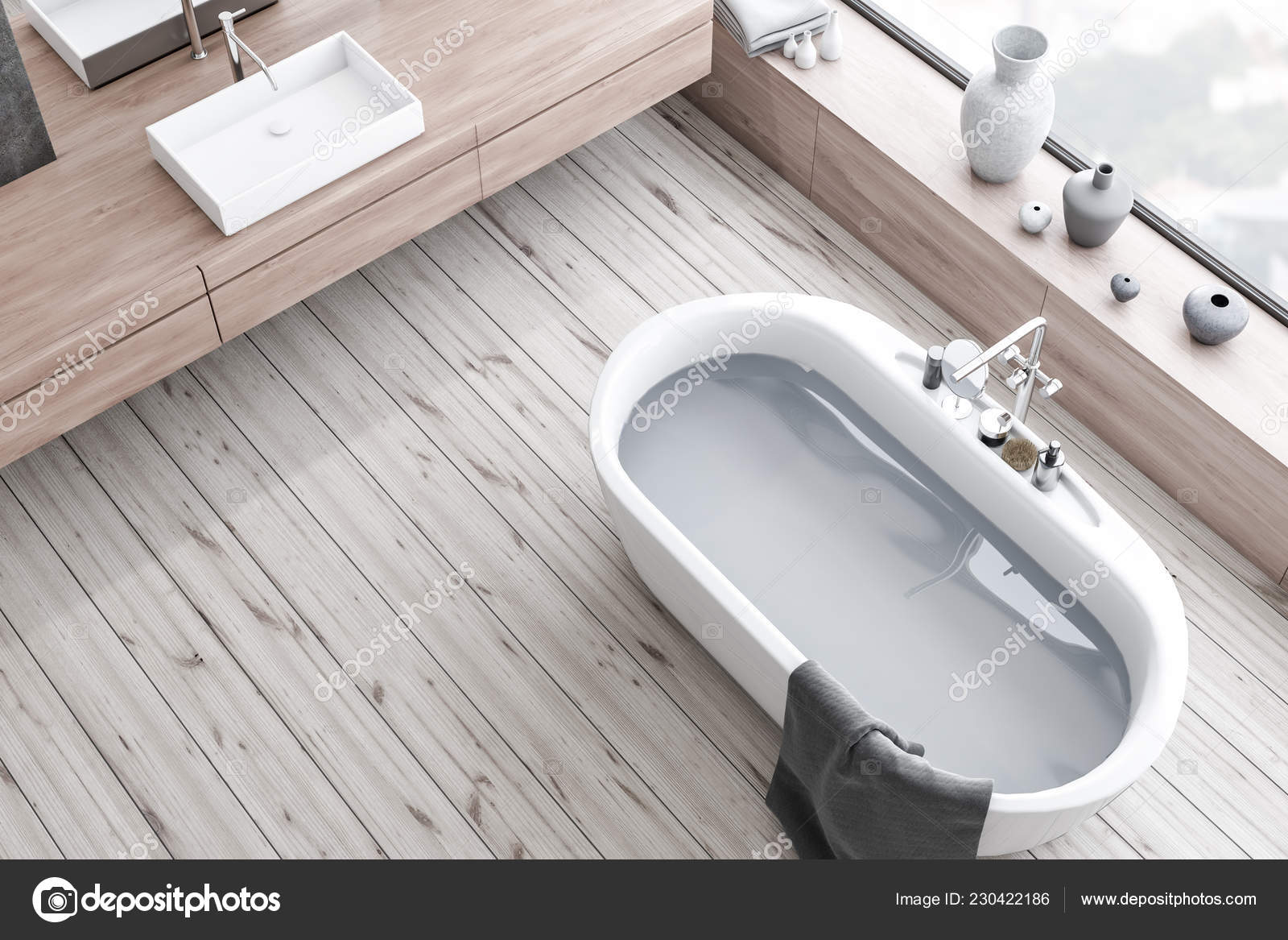 Top View Panoramic Bathroom Interior Wooden Floor White Bathtub Water ...