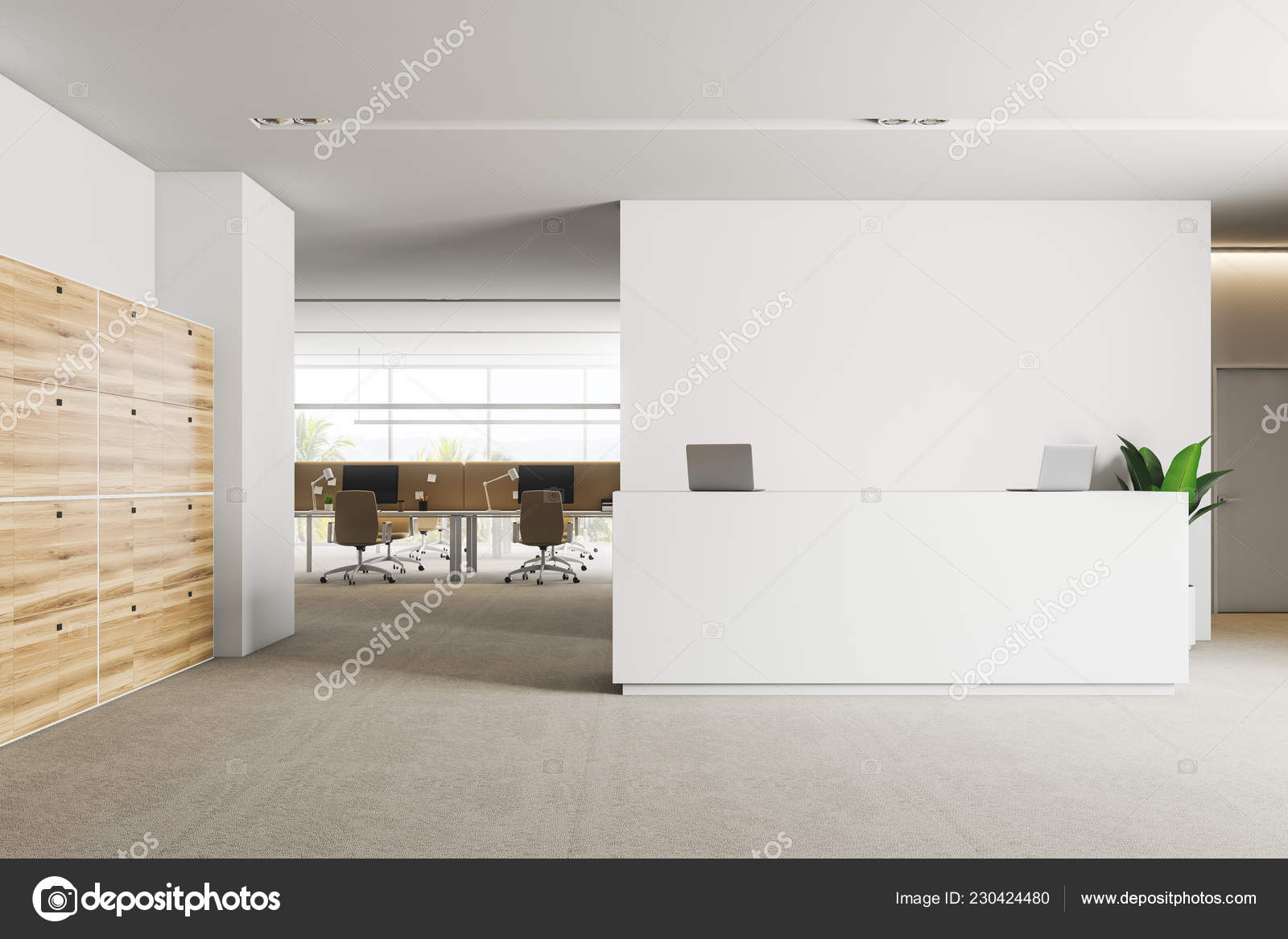 Interior Office Reception Area White Walls Carpet Floor White Reception ...