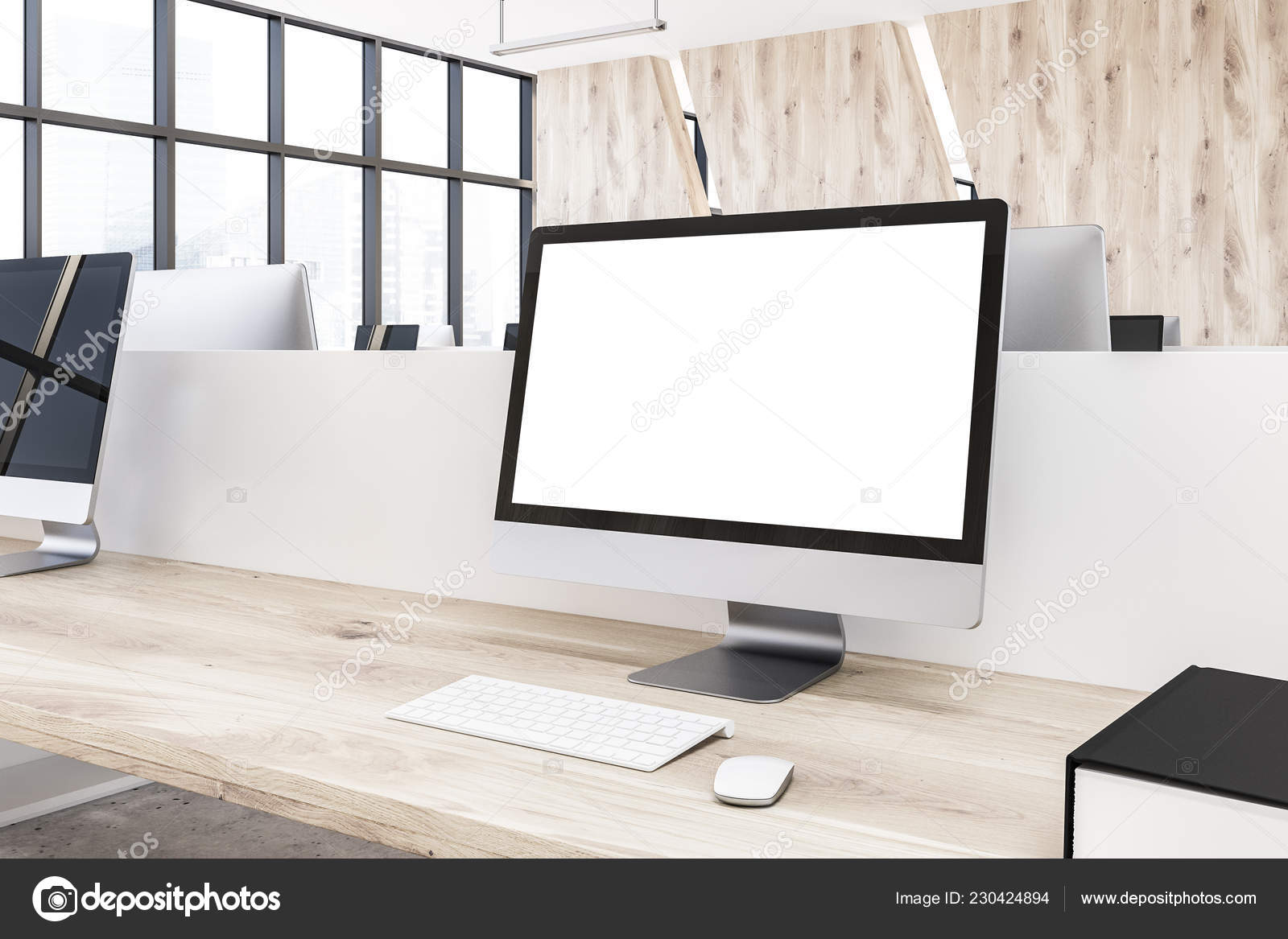 Mock Computer Screen Standing White Wooden Office Table Room Wooden ...