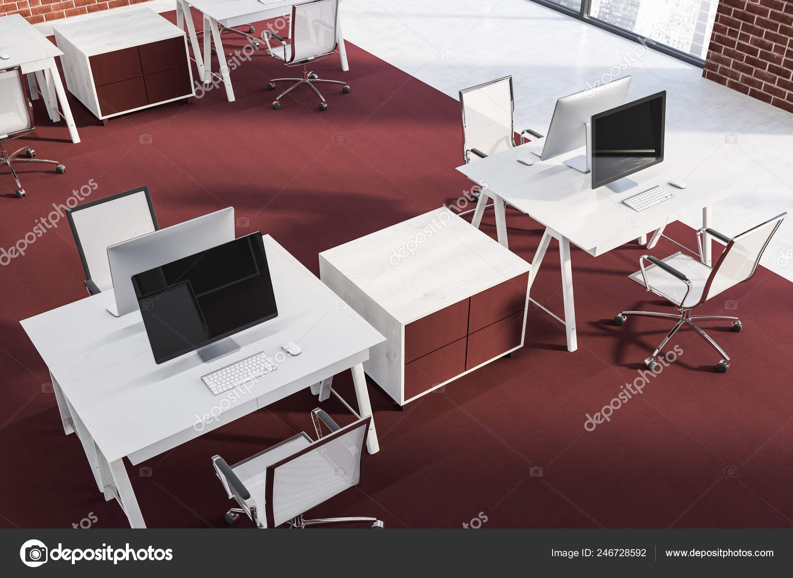 Top View Open Space Office Brick Walls White Floor Red Stock Photo by ...