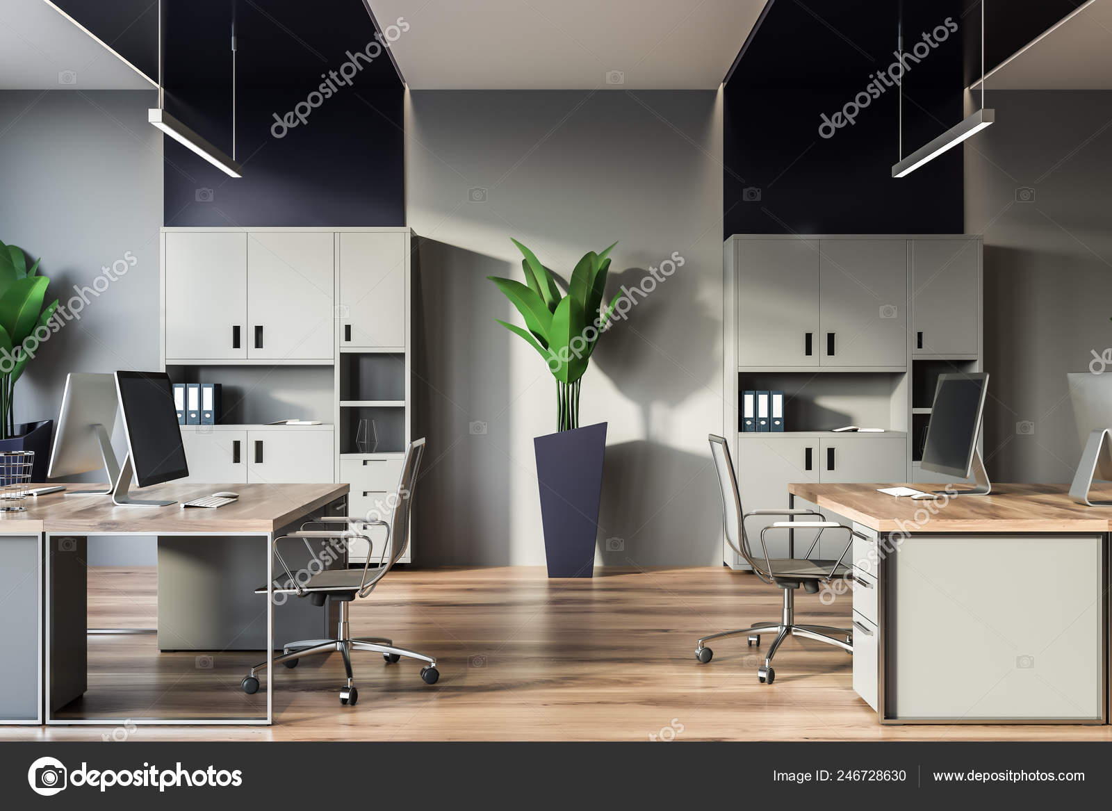 Side View Open Space Office Light Gray Walls Wooden Floor — Stock Photo ...