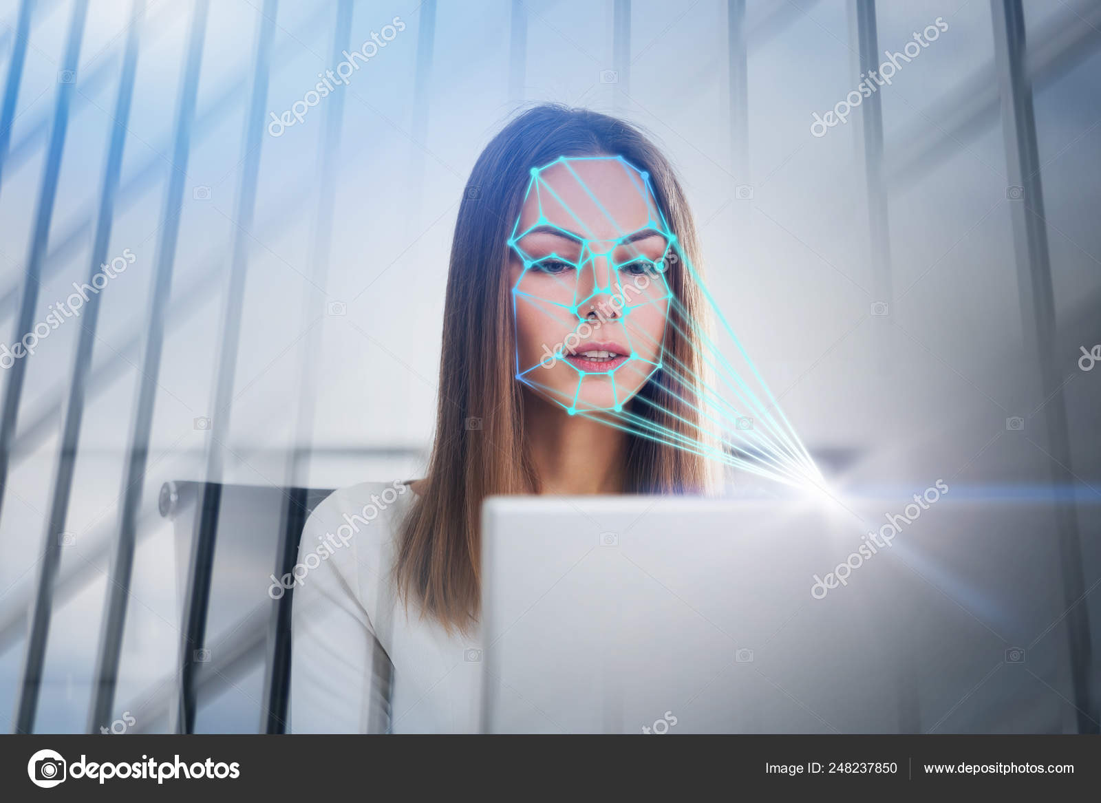 Woman with laptop face recognition, skyscraper Stock Photo by ...