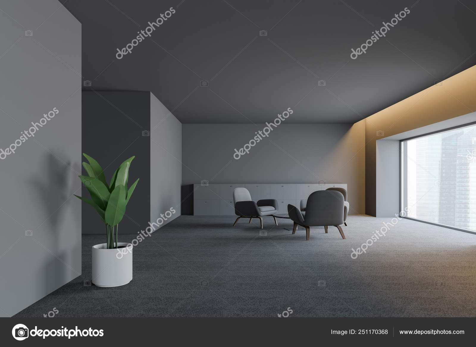Modern dark empty office interior with work space. 3D render Stock ...