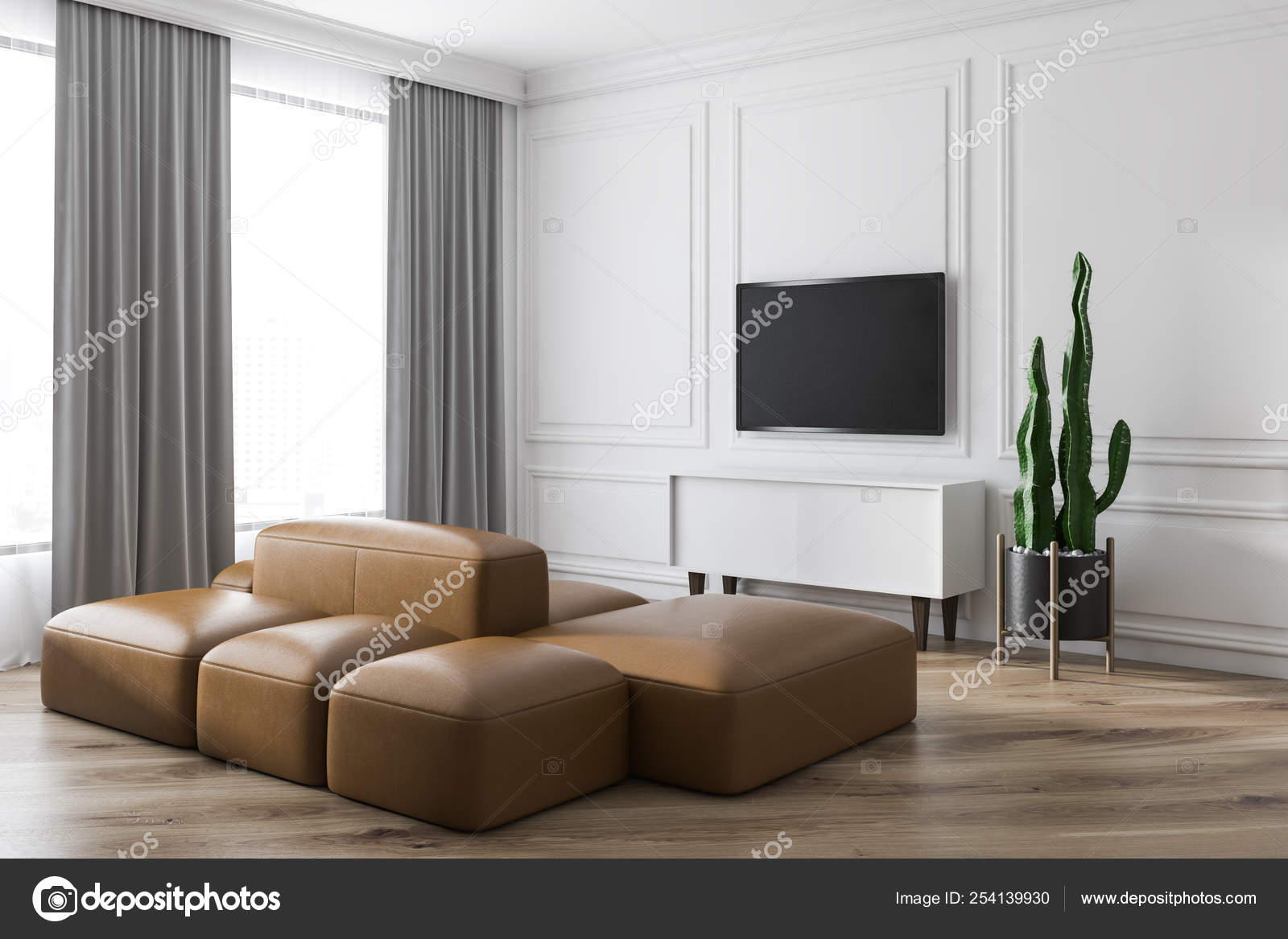 Modern living room design interior with sofa and TV screen. — Stock ...